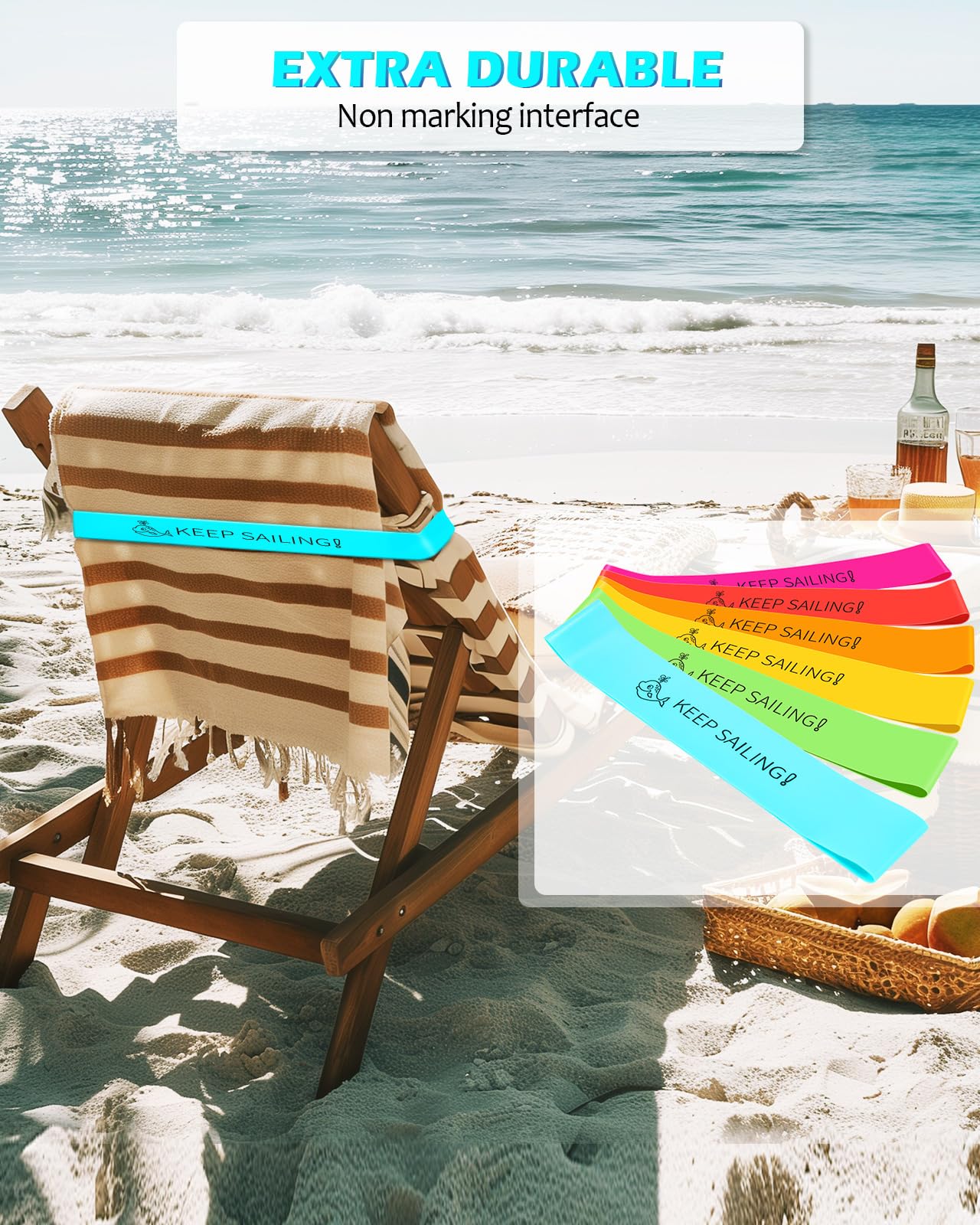 Beach Towel Bands, Stretch Rubber for Pool & Beach Chairs, Extra Durable, No Snapping, Cruise Ship & Beach Travel Essentials, Great Alternative to Beach Towel Clips (6 Pack)