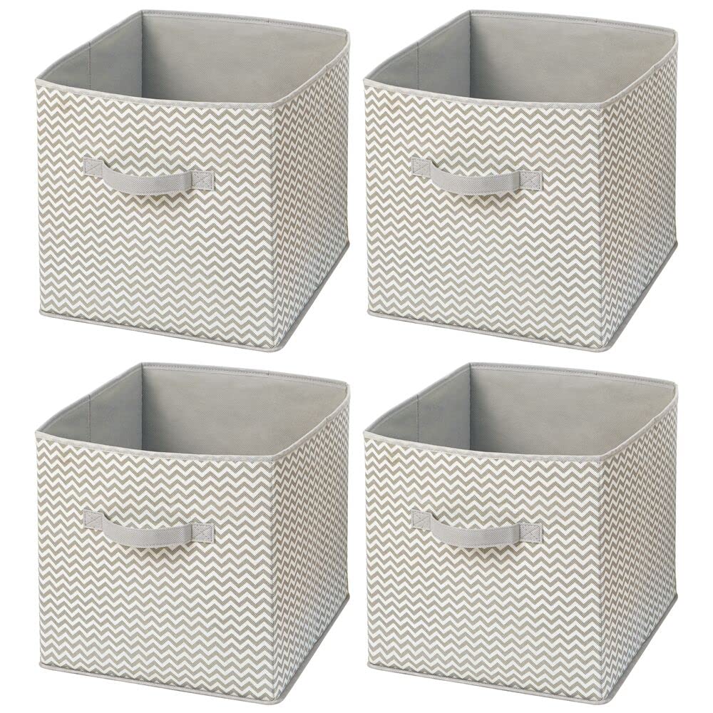 mDesign Soft Fabric Nursery/Playroom Closet Storage Organizer Bin Box with Front Handle for Cube Furniture Shelving Units - Holds Toys, Clothes, Diapers, Bibs - Spira Collection, 4 Pack, Taupe/Natural