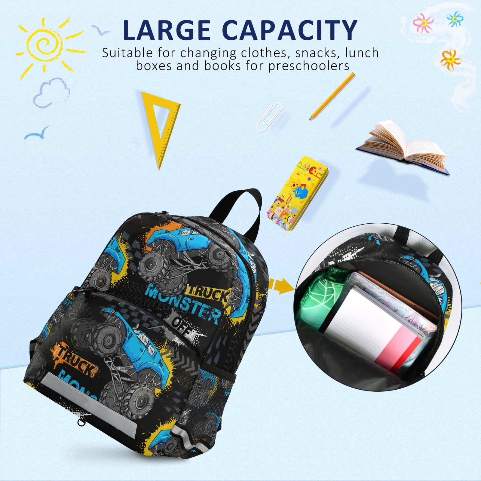 Cartoon Monster Truck Backpack Monster Jam Bookbag Kids Daypack Toddler Travel School Bag Small Mini Backpacks for boys with Chest Strap