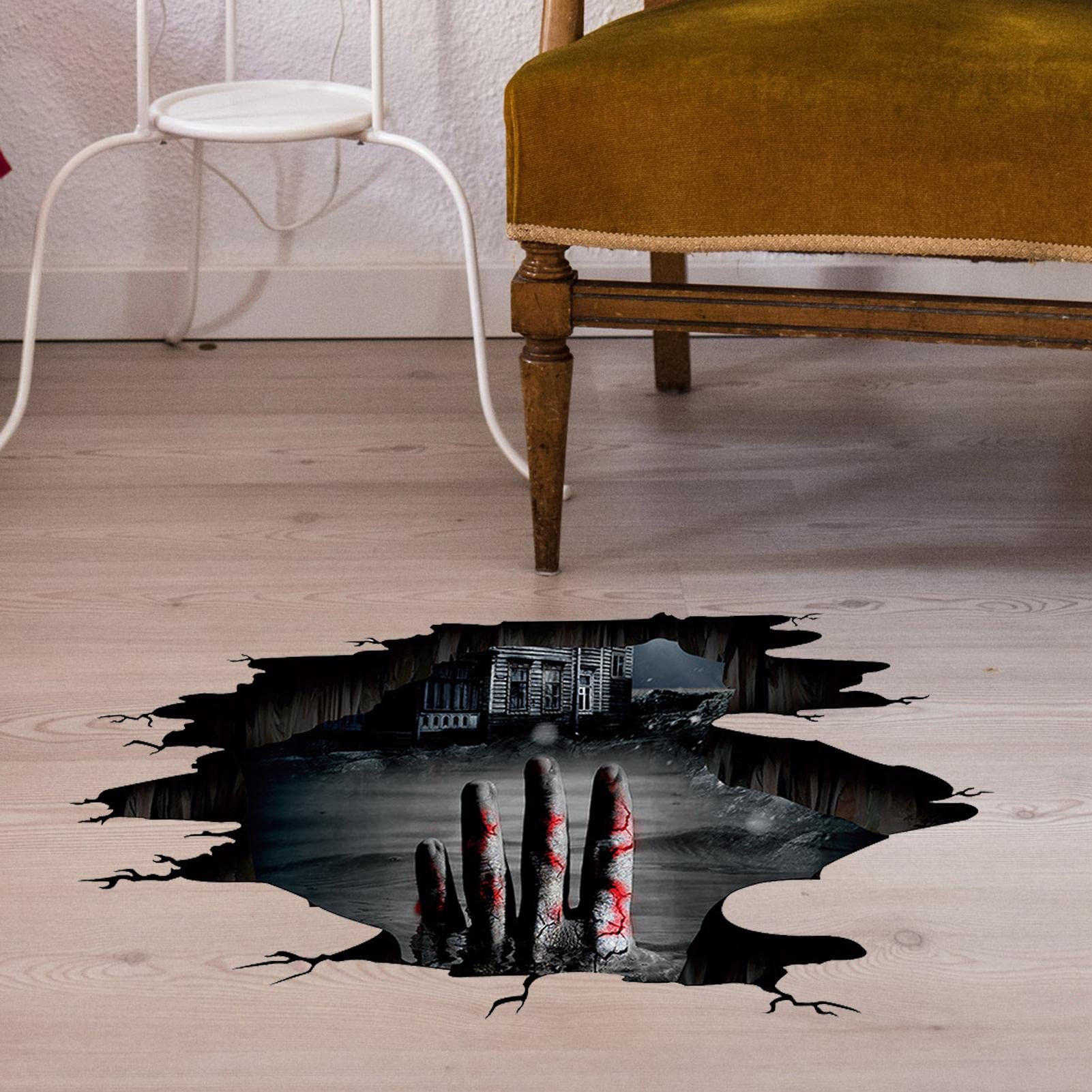 Halloween Floor Decals 3D Scary Blood Hand Scratching Floor Wall Stickers for Living Room, Removable Halloween Decor Murals for Bar Pub Bedroom Party Supplies