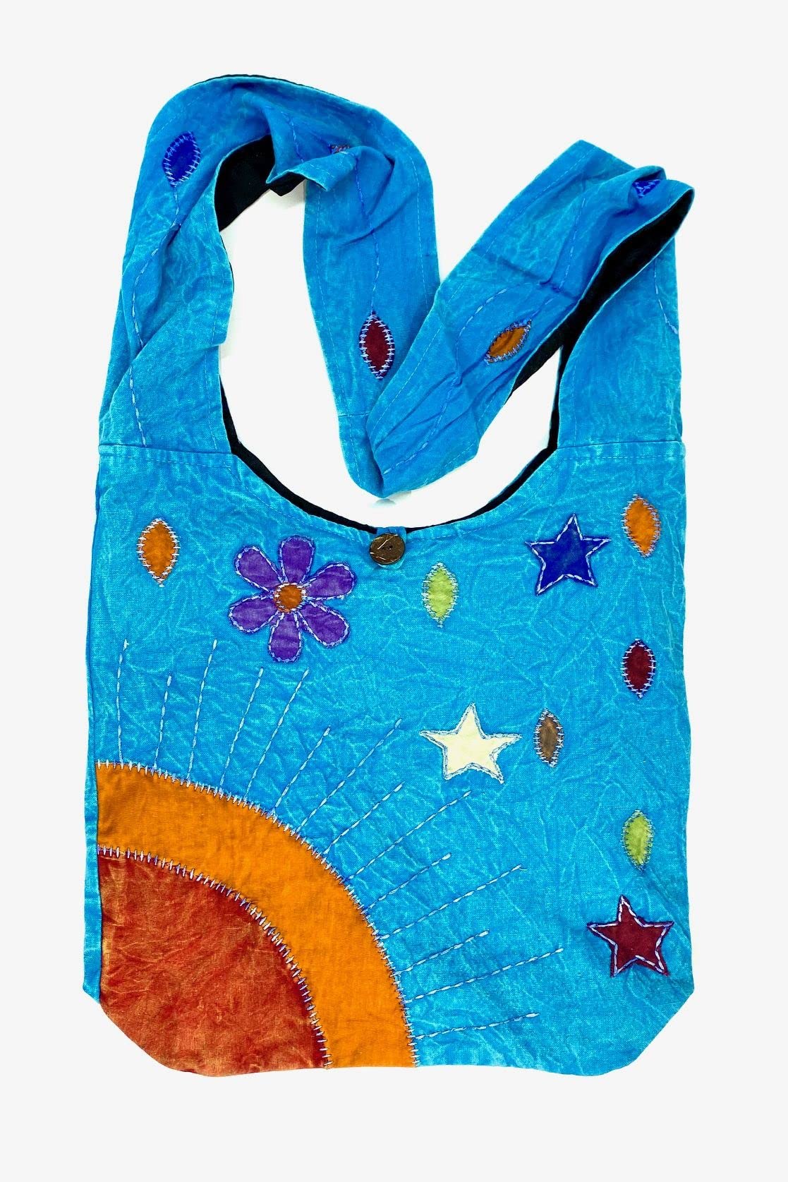 Elements of Nature Bohemian Hand-Stitched Hippie Hippy Shoulder Crossbody Monk Handbag in Blue Large
