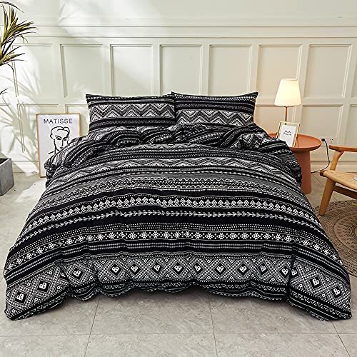 Lightweight Hotel Luxury Duvet Cover 3 Piece Set - Boho Black with White Geometry Ultra Soft Premium Microfiber Breathable Comforter Cover with Zipper Closure, Corner Ties King (104x90 inches)