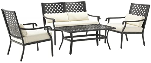 Crosley Furniture Alistair 4-Piece Outdoor Loveseat Patio Furniture Set, Conversation Sets for Porch, Deck, Matte Black with Creme Cushions