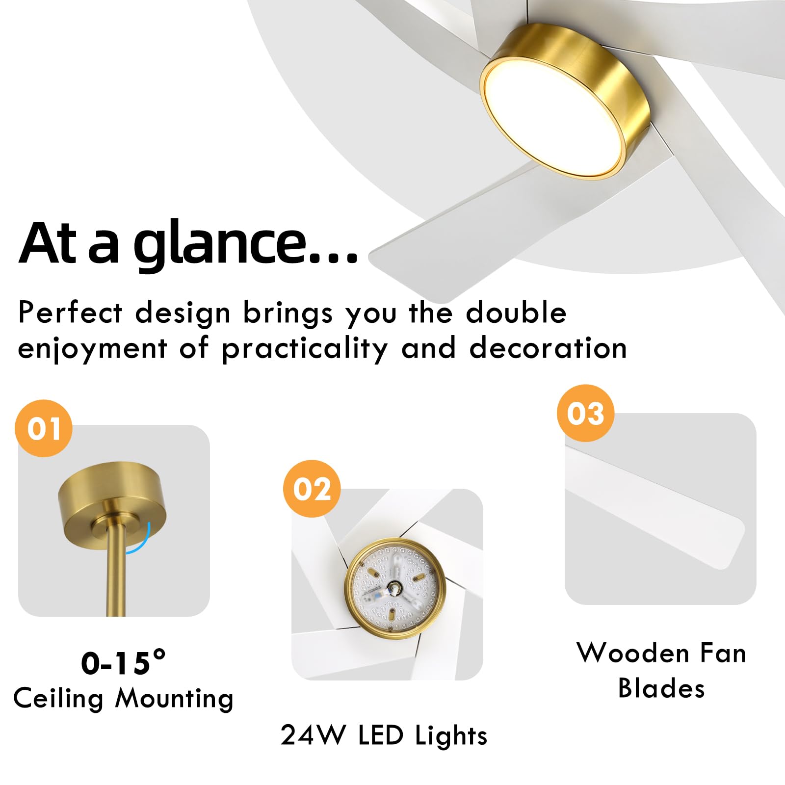 ACOZ 64" ABS DC Ceiling Fan with Lights, 5 Blade ABS Plastic Ceiling Fan with Remote, 6-Speed Reversible DC Motor, LED Ceiling Fan for Kitchen Bedroom Living Room, Brass and White