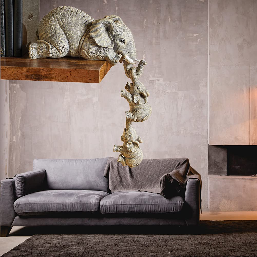 Elephant Sitter Resin Figurines, Elephant Mothers Hanging Two Babies Statue, Suitable for Home Decoration on Shelf or Table Edge, Collections Figurines Gifts for Mother's Day