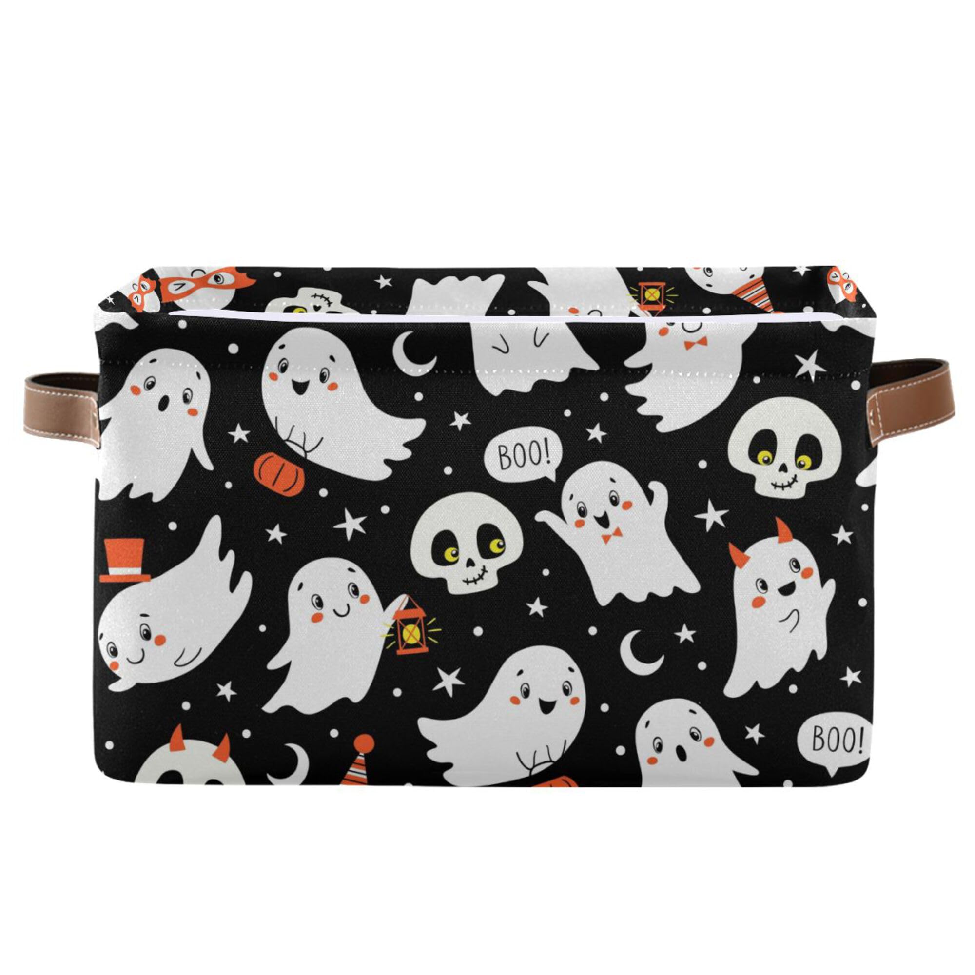 xigua Halloween Decorations Ghost Storage Basket Collapsible Toy Storage Bins Waterproof Canvas Storage Basket with Leather Handles for Home Closets Offices,Bedrooms,Toy and Gift Baskets,1PCS