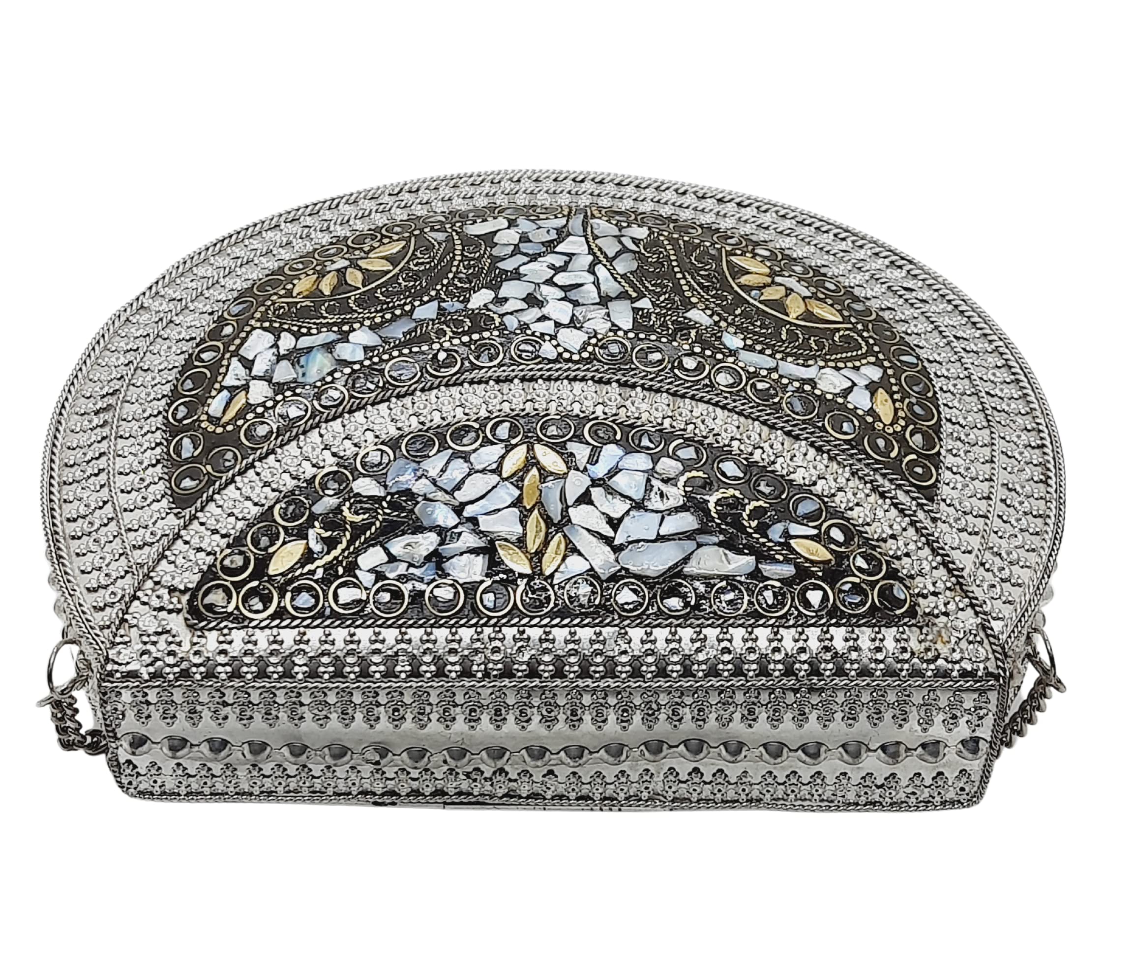 Ethnic Clutch Vintage Handmade metal Mosaic stone Shell purse Handbag for women Party Bag Special occasion accessories
