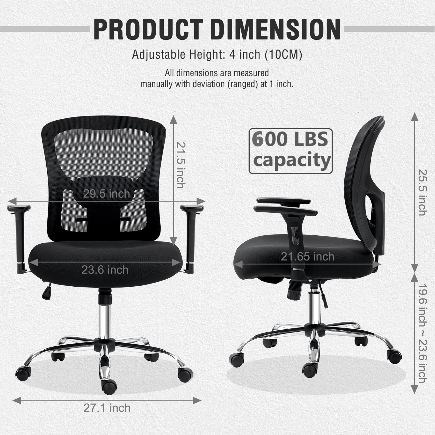 Big and Tall Office Chair 600lbs, Ergonomic Mesh Chair, Computer Executive Heavy Duty Desk Chair with 4D Armrests, Wide Thick Soft Seat, Adjustable Lumbar Support and Tilt-Black