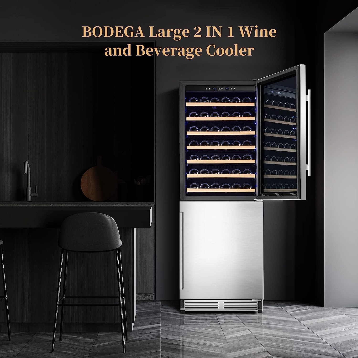 BODEGA Wine and Beverage Refrigerator, 24 Inch 2 IN 1 Dual Zone Wine Cooler,Built-in or Freestanding Beverage Cooler, Soft LED Light Hold 88 Bottles and 149 Cans, silvery