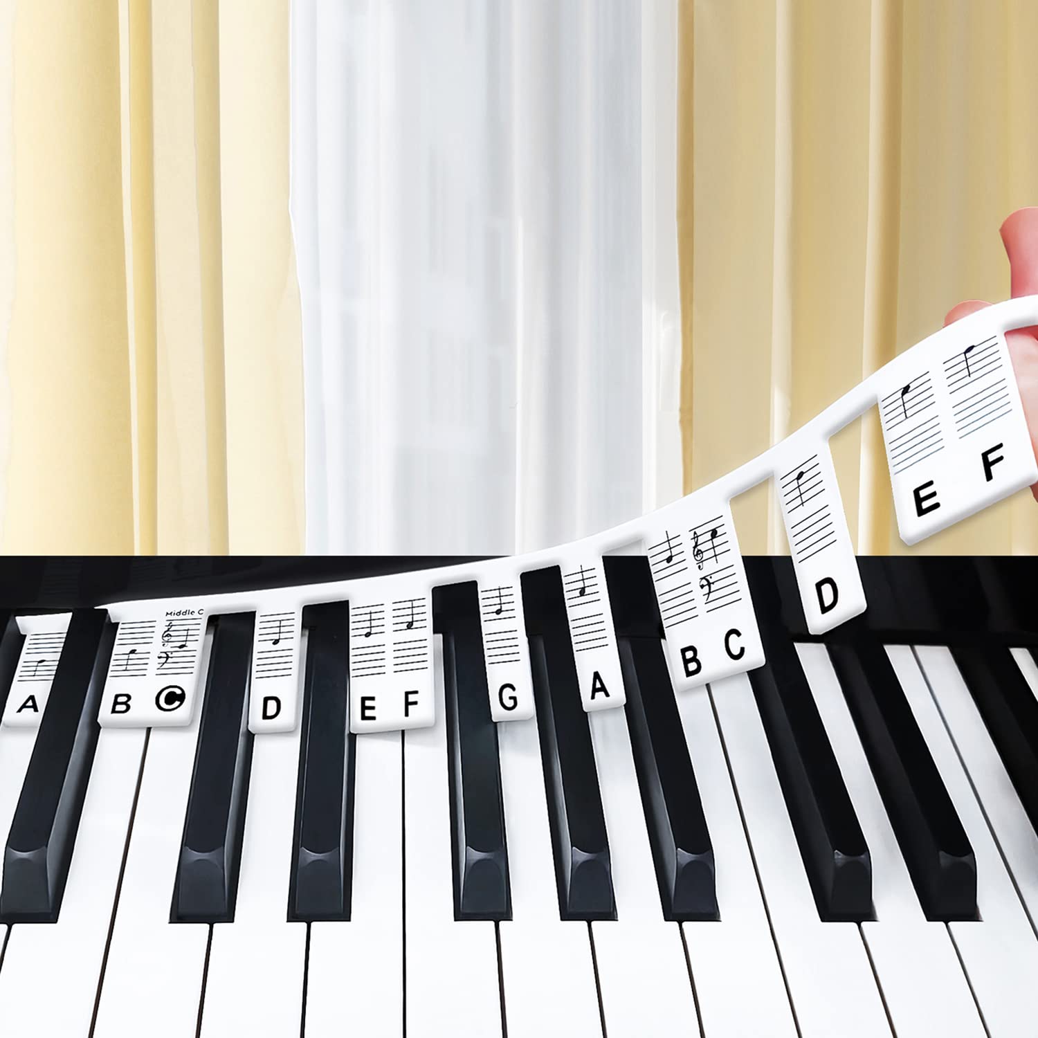 AOYNG Piano Notes Guide, Removable Piano Keyboard Note Labels for Learning, 61/88-Key Full Size, Made of Silicone, No Need Stickers, Reusable and Comes with Box (Black)