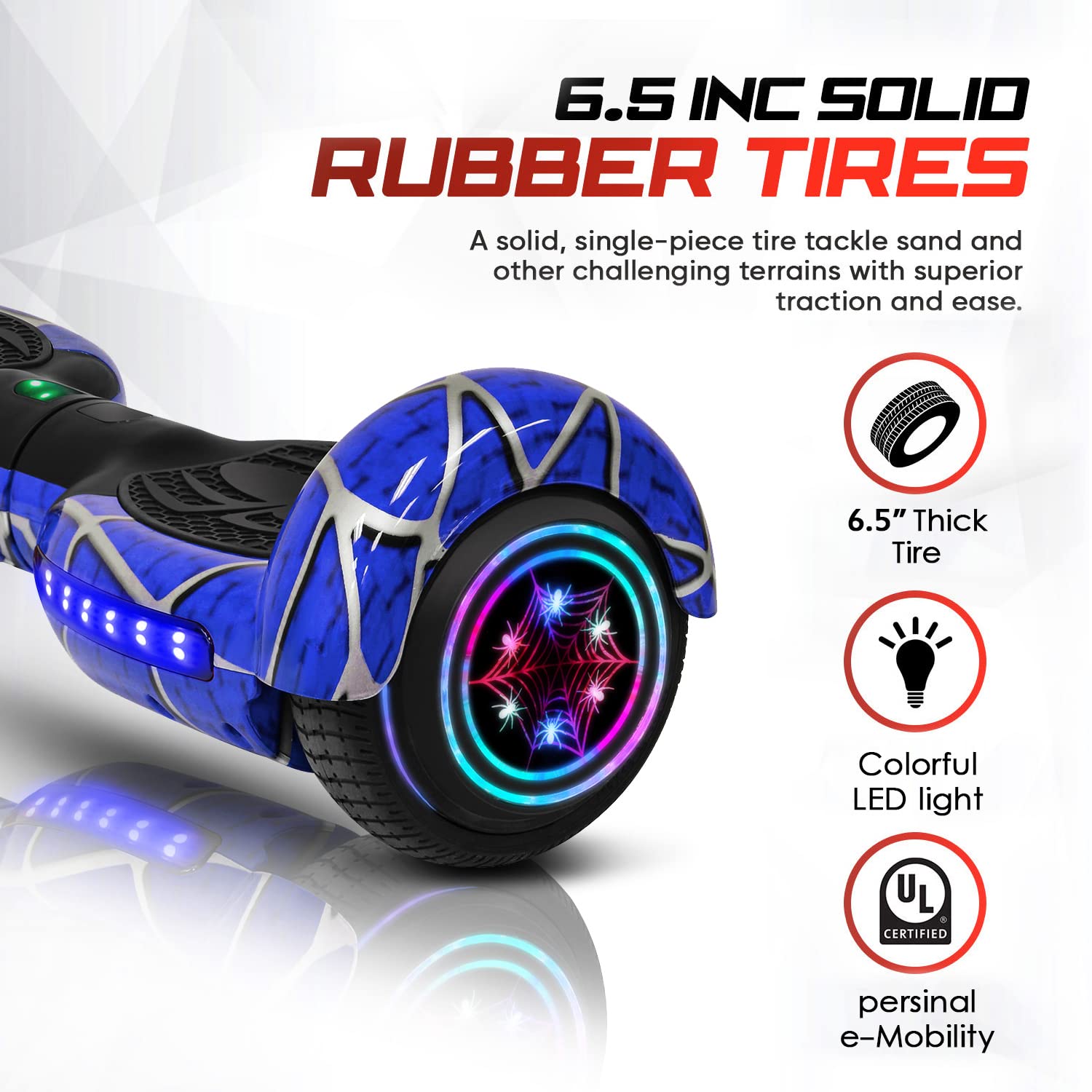 EMAXUSA, Spider-Pattern Hoverboard for Kids Ages 6-12, with Bluetooth Speaker and LED Lights 6.5" Hover Board, UL2272 Safety Certified (Blue)