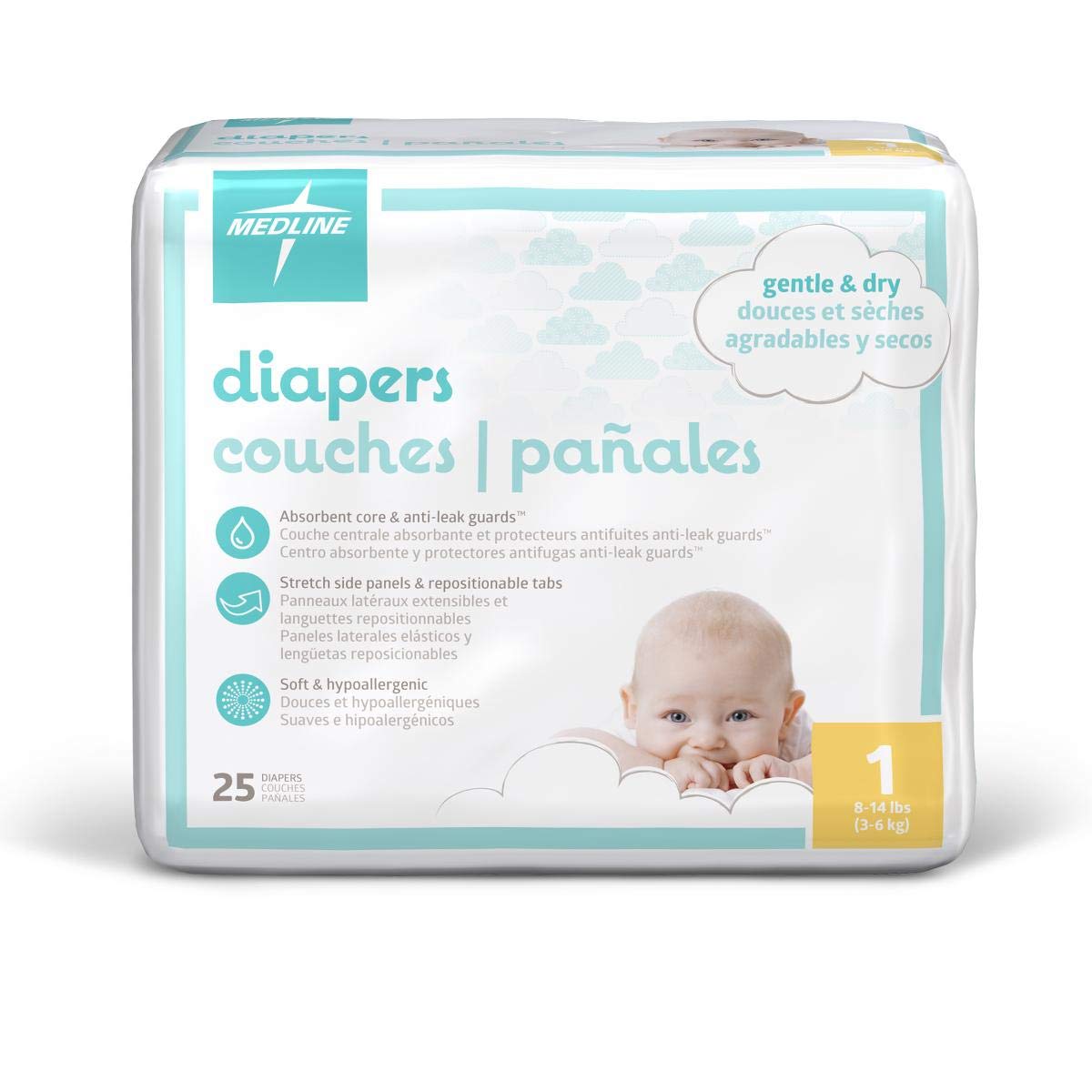 Medline Premium Disposable Baby Diapers, Absorbent & Ultra-Soft for Delicate Skin, Size 1 (8-14 lbs), 200 Count (8 Packs of 25)