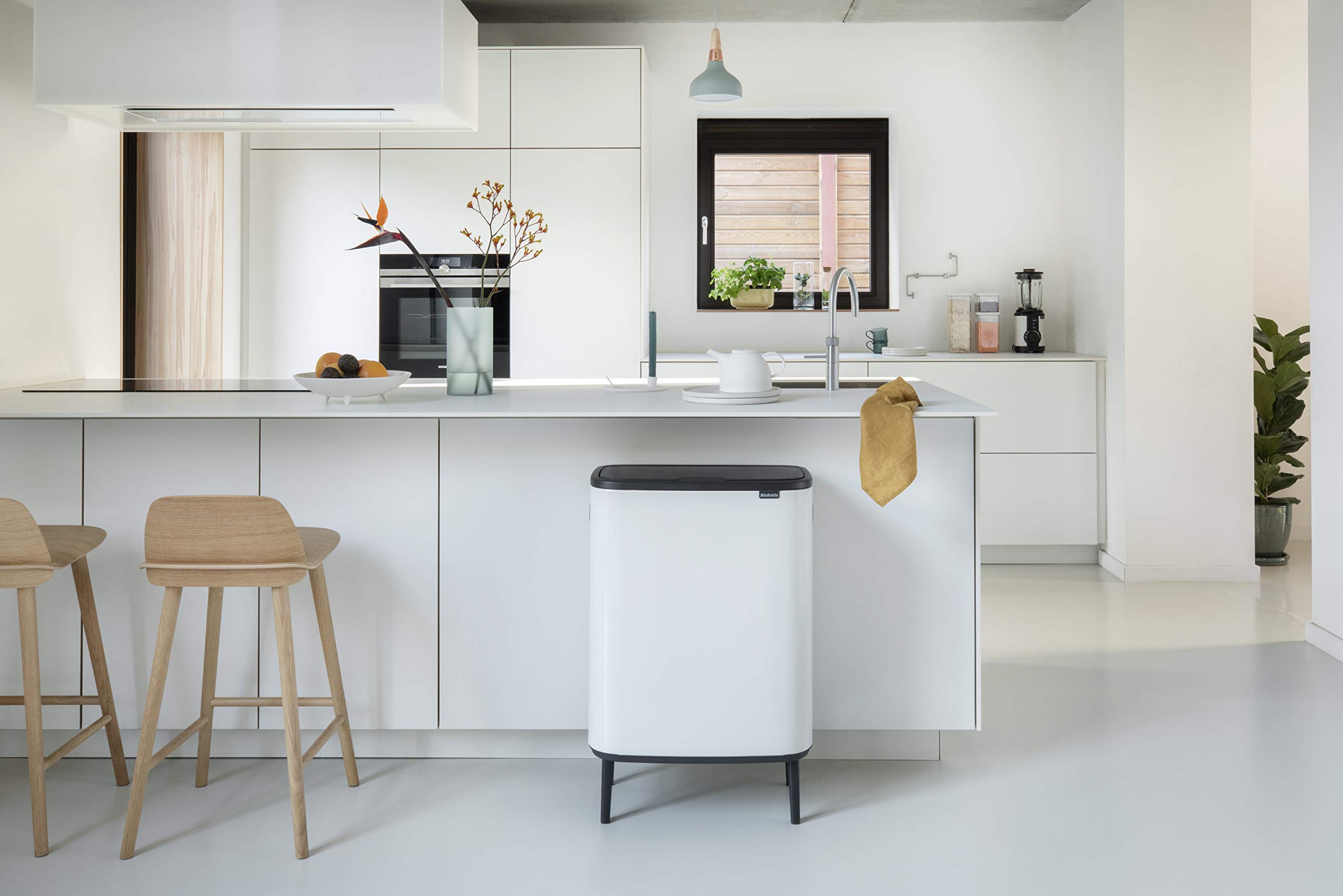Brabantia Bo Hi Touch Top Trash Can - 2 x 8 Gal Inner Buckets (White) Waste/Recycling Garbage Can, Removable Compartments, Raised Legs