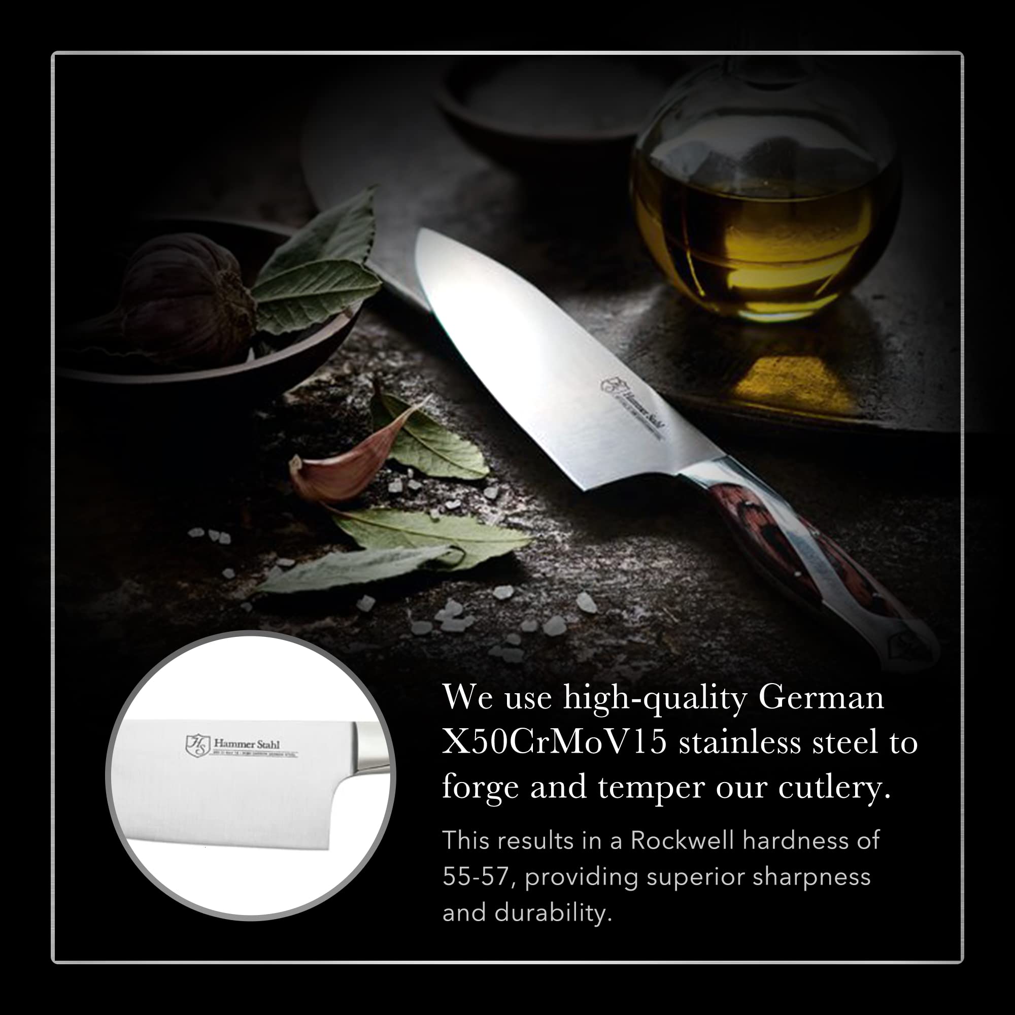 Hammer Stahl 8-Inch High Carbon Chef Knife | Versatile Cooking Knife for Chopping, Slicing & Precision Cutting | German Forged Sharp Kitchen Knife | Ergonomic Quad-Tang Pakkawood Handle & Gift Box