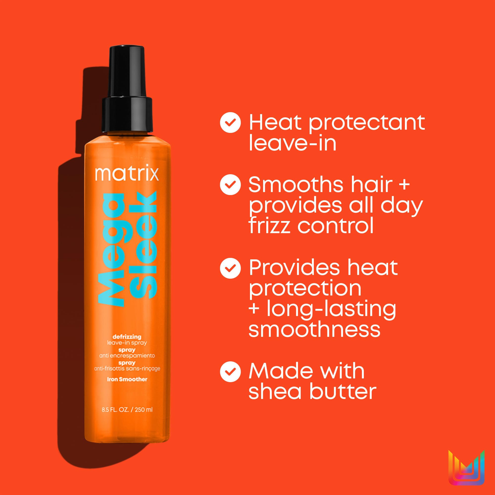 Matrix Mega Sleek Iron Smoother Defrizzing Leave-In Spray - Heat Protectant, Lasting Smoothness, & Anti-Frizz, For All Hair Types, With Shea Butter, 8.5 Fl Oz