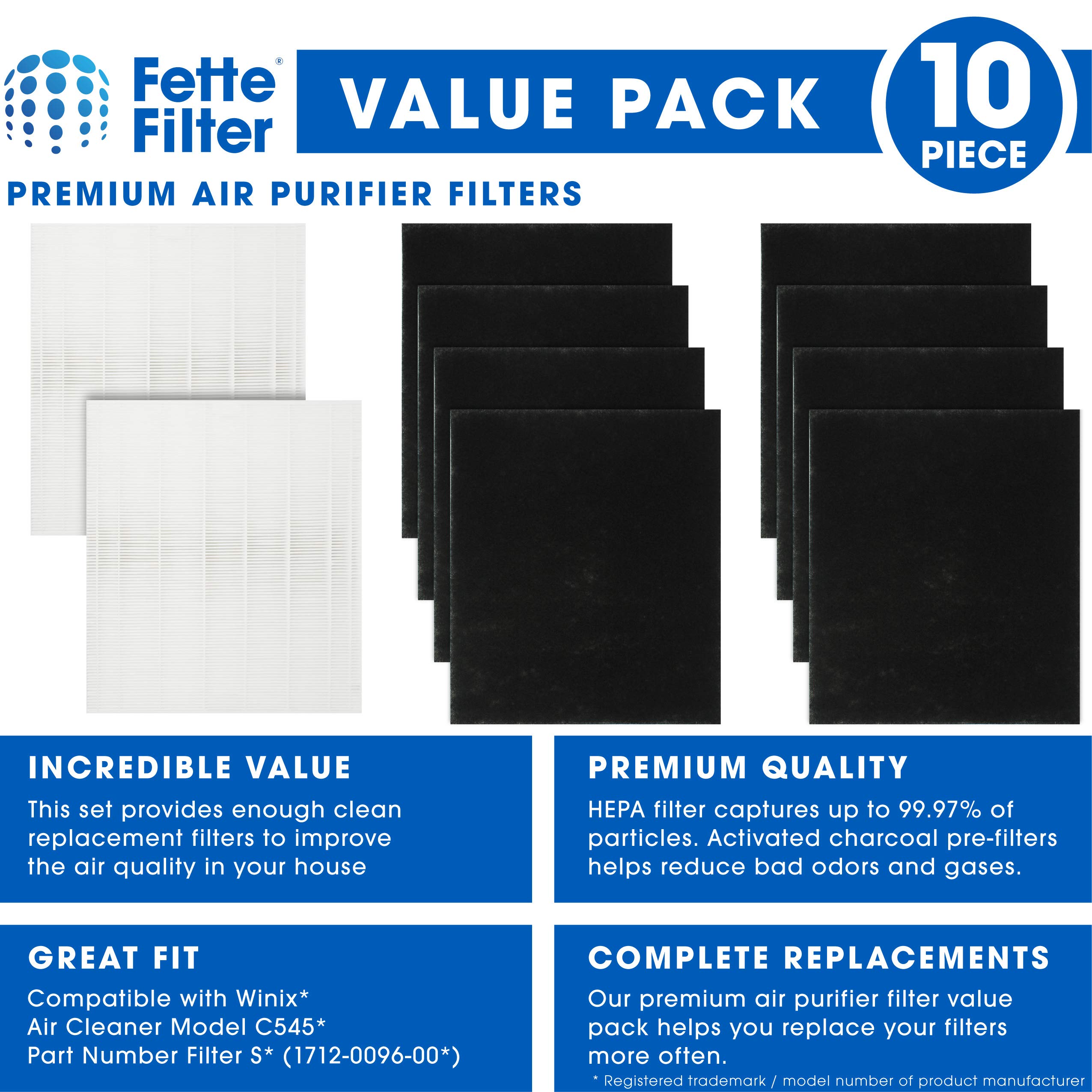 Fette Filter - C545 Premium Replacement True HEPA Filters Compatible with Winix Filter S for Air Purifier C545 Part # 1712-0096-00 Includes 2 True Hepa + 8 Carbon Filter.