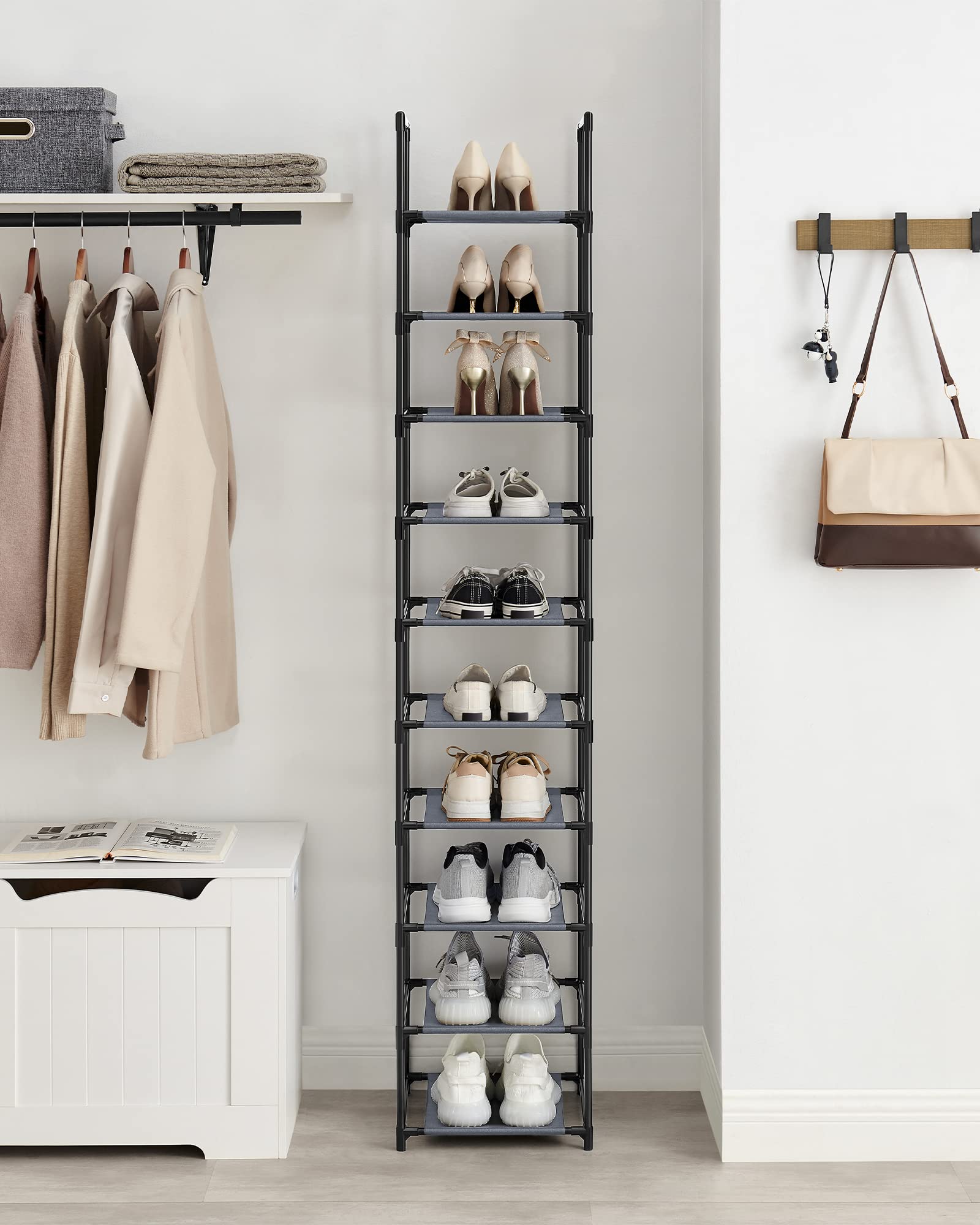 SONGMICS Shoe Rack, 10 Tier Shoe Shelf, Shoe Storage Organizer, Space-Saving, 13 x 13 x 68.1 Inches, Metal Frame, Non-Woven Fabric Shelves, for Entryway, Bedroom, Grey ULSR110G01