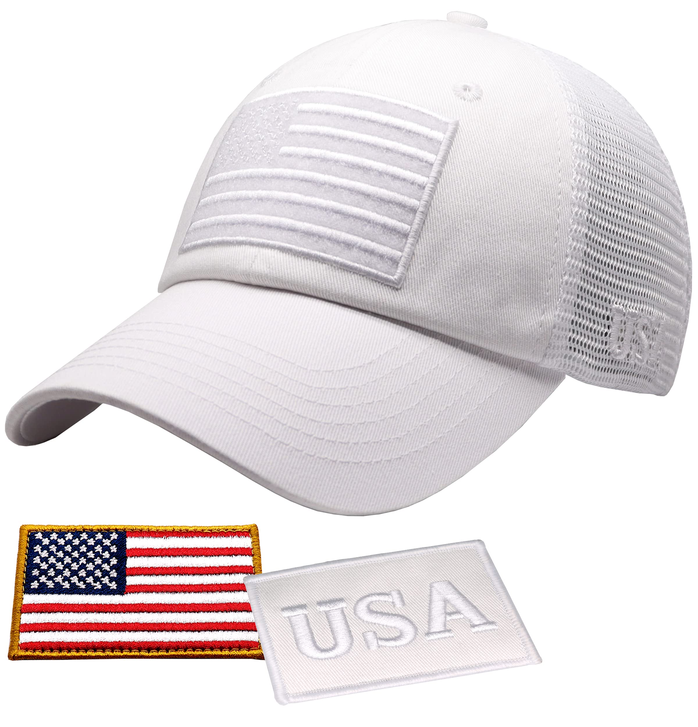 Antourage American Flag Unconstructed Hat for Men and Women Twill Mesh Snapback Baseball USA Flag Cap + 2 Patriotic Patches ((16) White Classic Mesh Snapback)