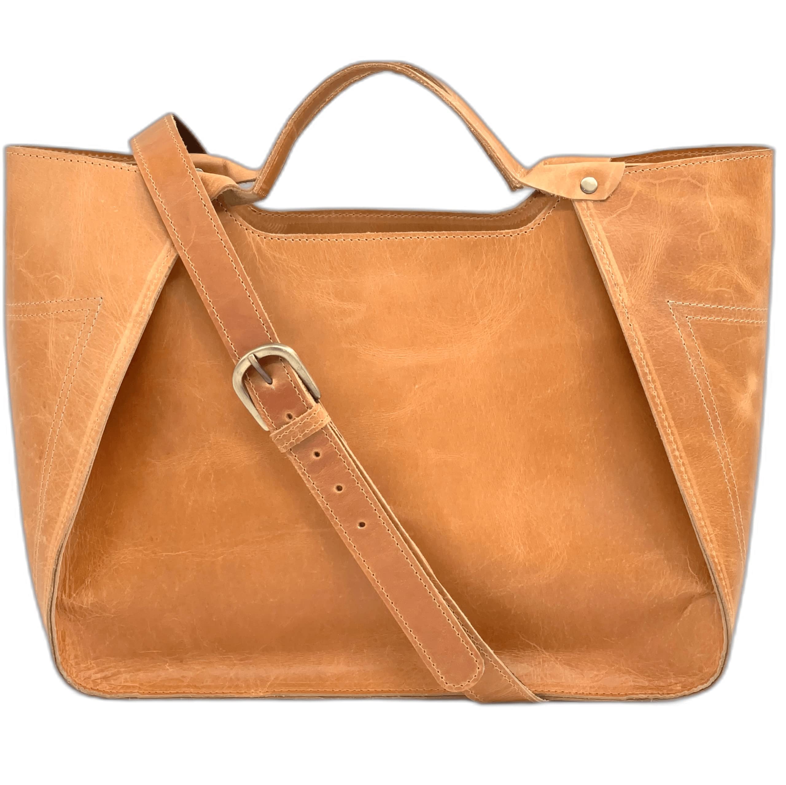 Genuine Full Grain Leather Shoulder Tote Bag for Women (Tan)