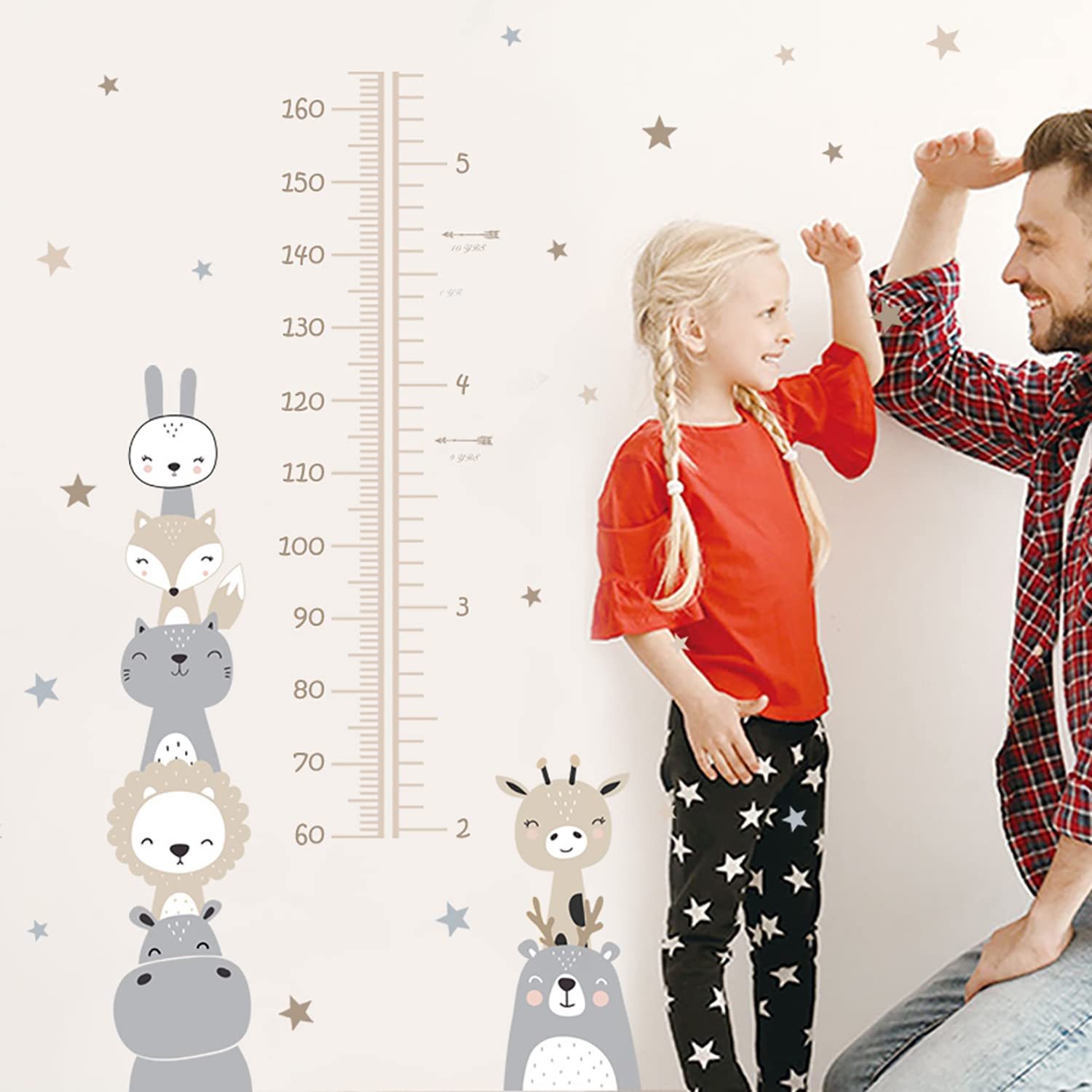 Cartoon Animals Height Growth Chart Wall Sticker Boho Style Peel and Stick Removable Wall Decals Children Kindergarten Nursery Bedroom Door Decoration (Beige & Grey)