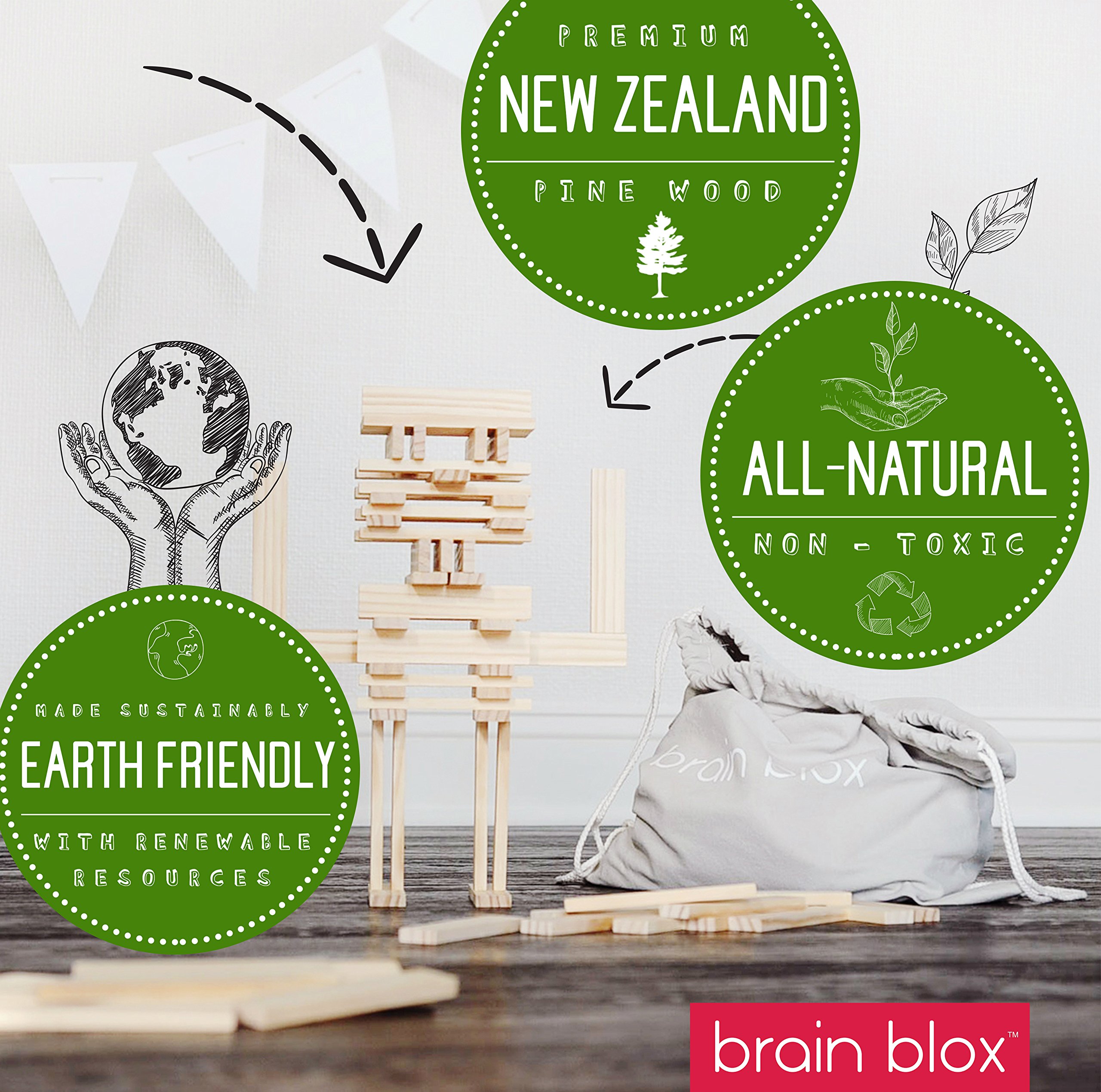 Brain Blox Natural Wooden Blocks for Kids Ages 4-8 - Montessori Blocks for Hands-on Learning - STEM and Architecture for Kids (100 Building Blocks)