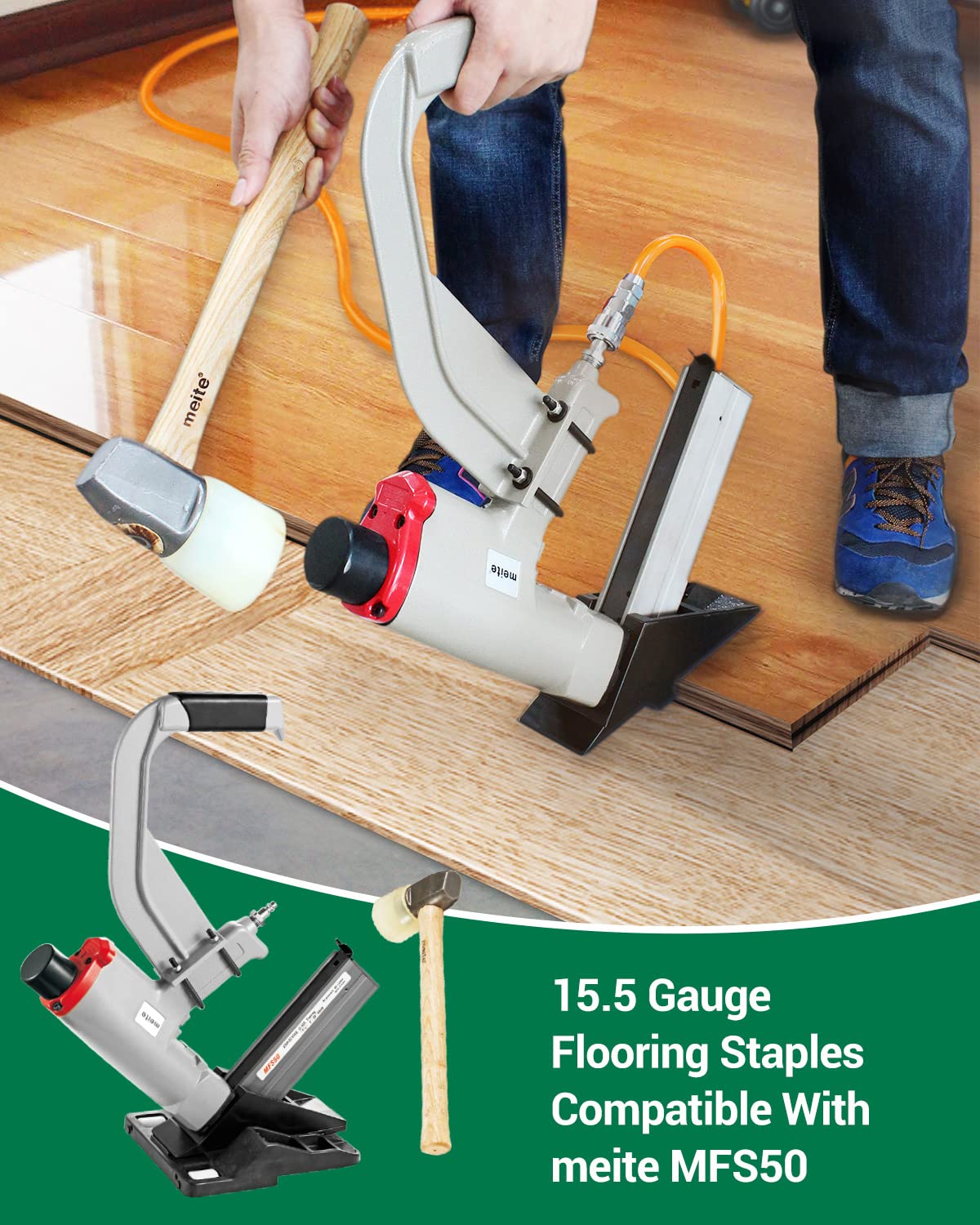 meite 15.5 Gauge Flooring Staples, 2-Inch Length 1/2-Inch Crown Hradwood Floor Staples Collated Galvanized Flooring Staples (1,012 Counts)