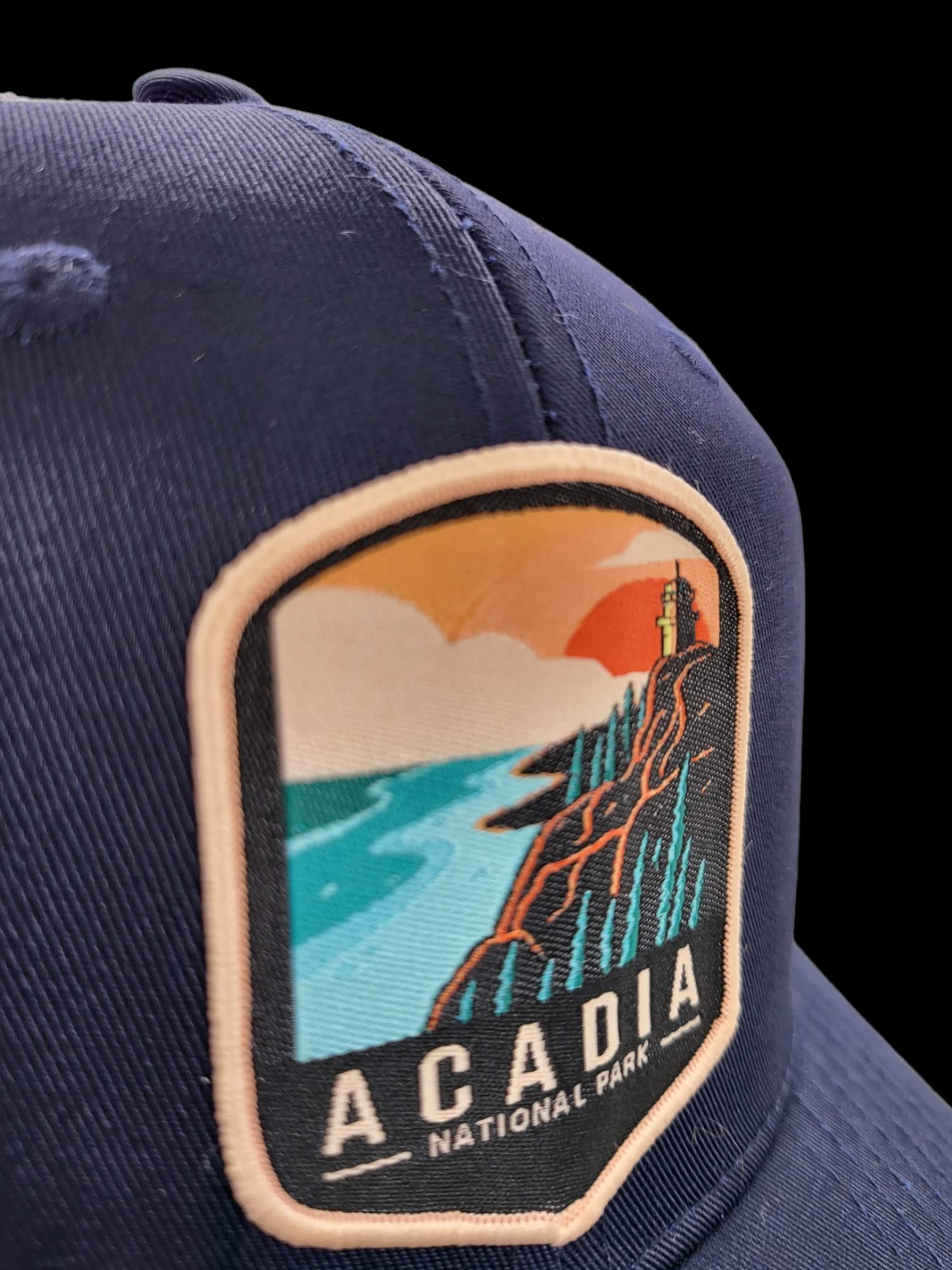Acadia Trucker Hat with National Park Woven Patch (Navy/White)