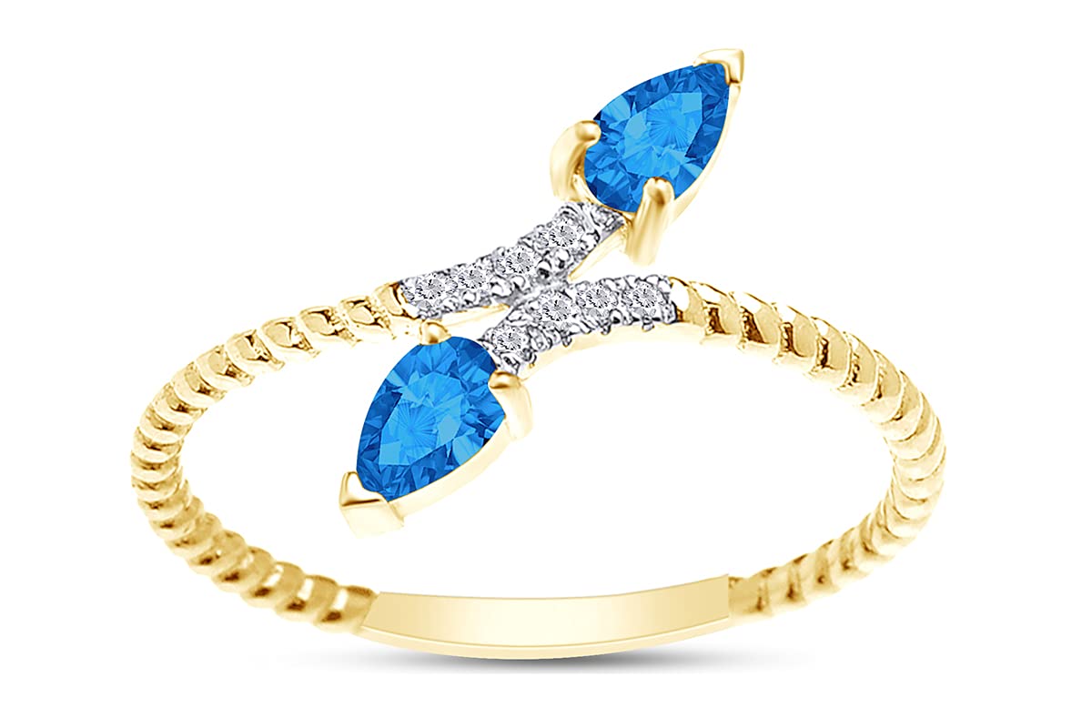 AFFY Pear Shape Natural Diamond And Simulated Blue Topaz In 14K Yellow Gold Over 925 Sterling Silver Ring Size 9