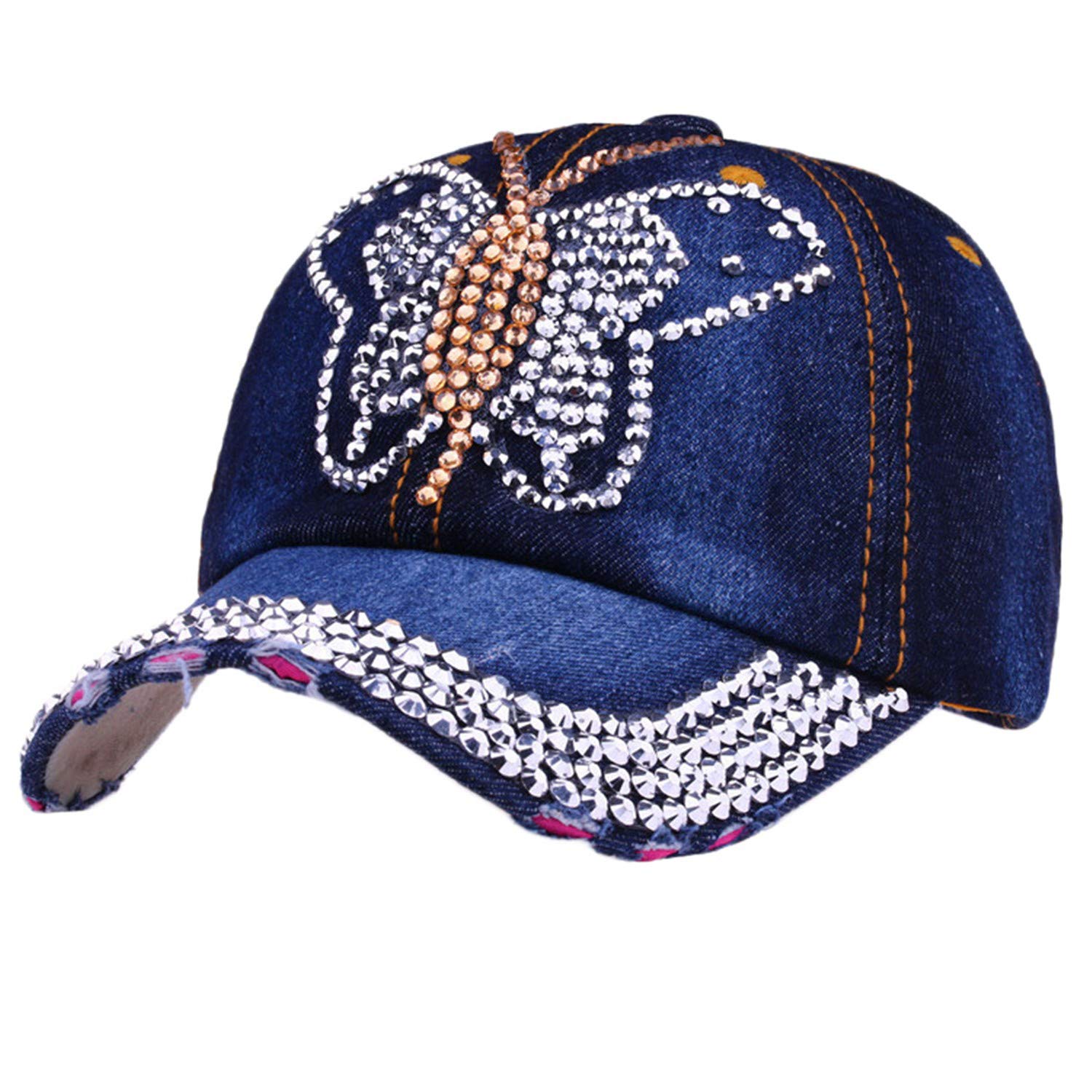 Andongnywell Women's Studded Rhinestone Crystals Adjustable Baseball Cap Plain Sparkle Bling Denim Sun Hats (Dark Blue,1,One Size)
