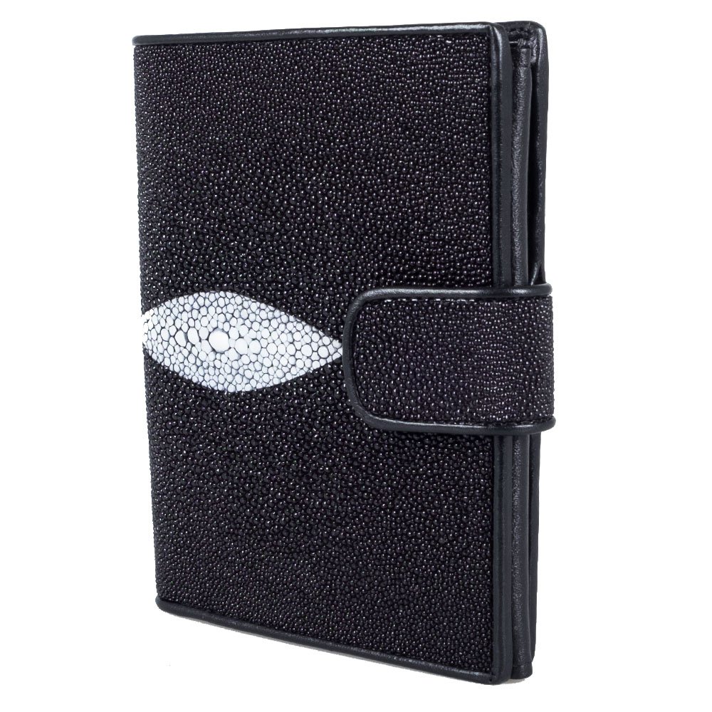 Genuine Stingray Leather Business Window Card Men Black Bifold Snap Coin Wallet
