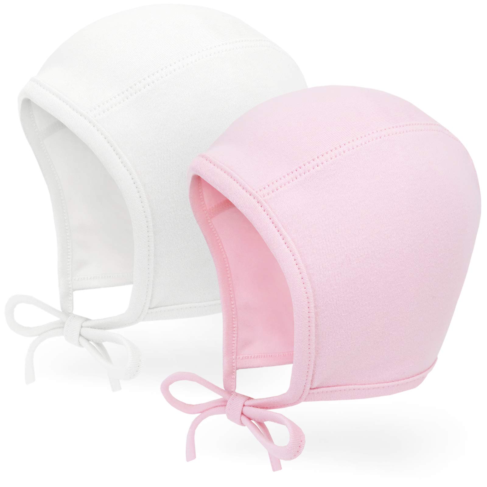 HappyTree 2 Pack Baby Hat Bonnet Soft 100% Combed Cotton Toddler Infant Beanie Pilot Caps, White + Light Pink, Medium
