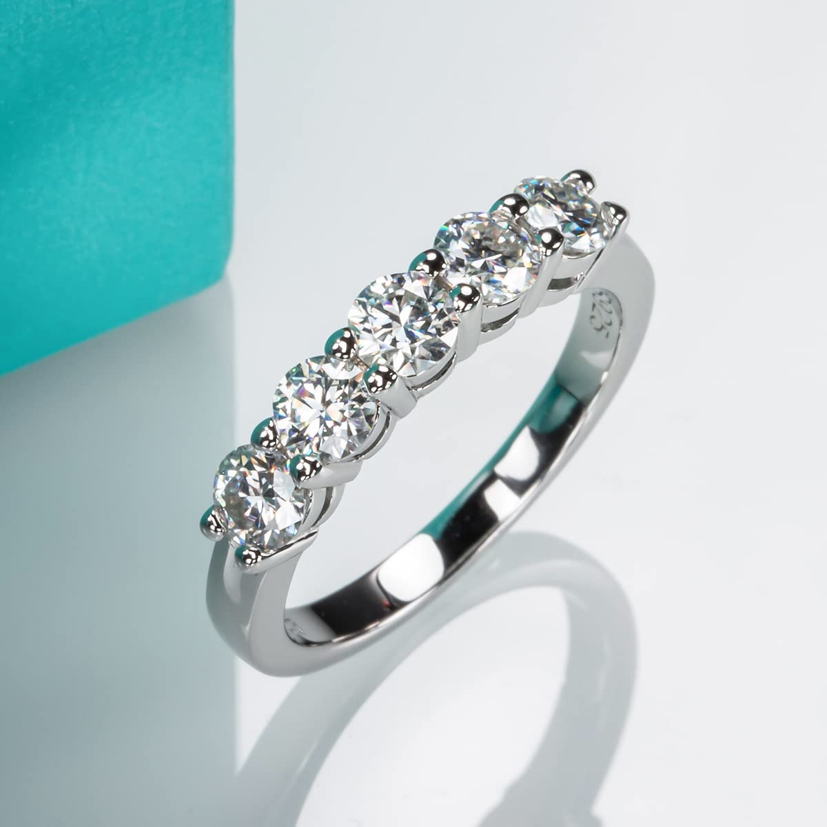 AnuClub 5 Stone Moissanite Ring 1.5cttw D Color Lab Diamond Gold Plated Silver Half Eternity Anniversary Wedding Band Ring With Certificate
