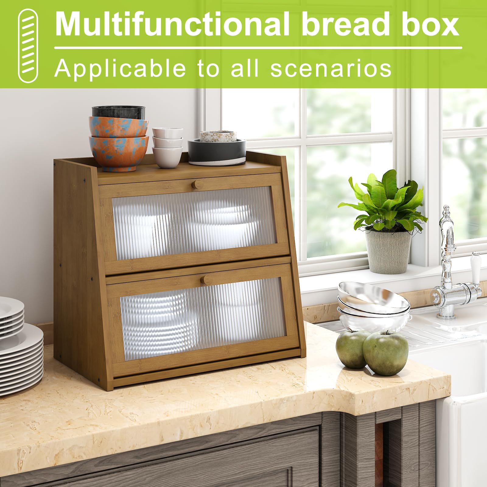 BMOSU Large Bread Box for Kitchen Countertop Double Layer Bread Box Farmhouse Bamboo Bread Box Self-Assembling (Black)