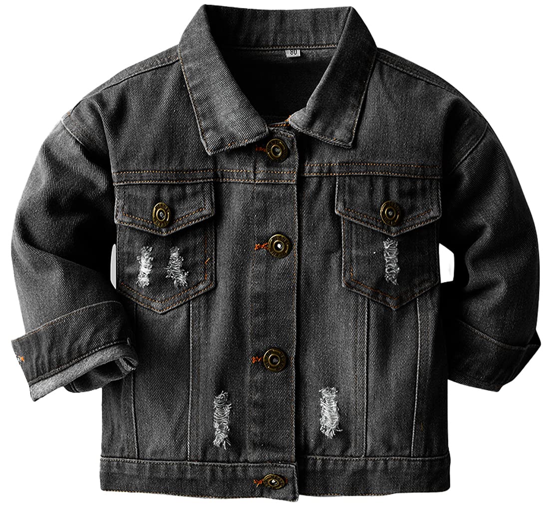 Cromoncent Boys Girls Child Casual Denim Jacket Kids Toddler Button Down Coat,Denim Black 5-6Y
