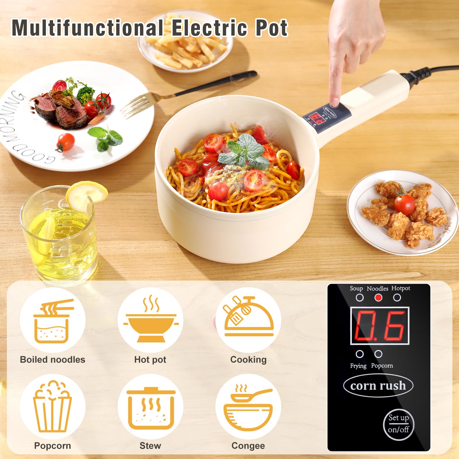 Multifunctional Electric Hot Pot Cooker, Upgraded Non-Stick Stainless Steel 1L Mini Portable Lazy Pot Popcorn Ramen Maker for Steak Egg Soup Travel with Long Handle Power Adjustment milky white