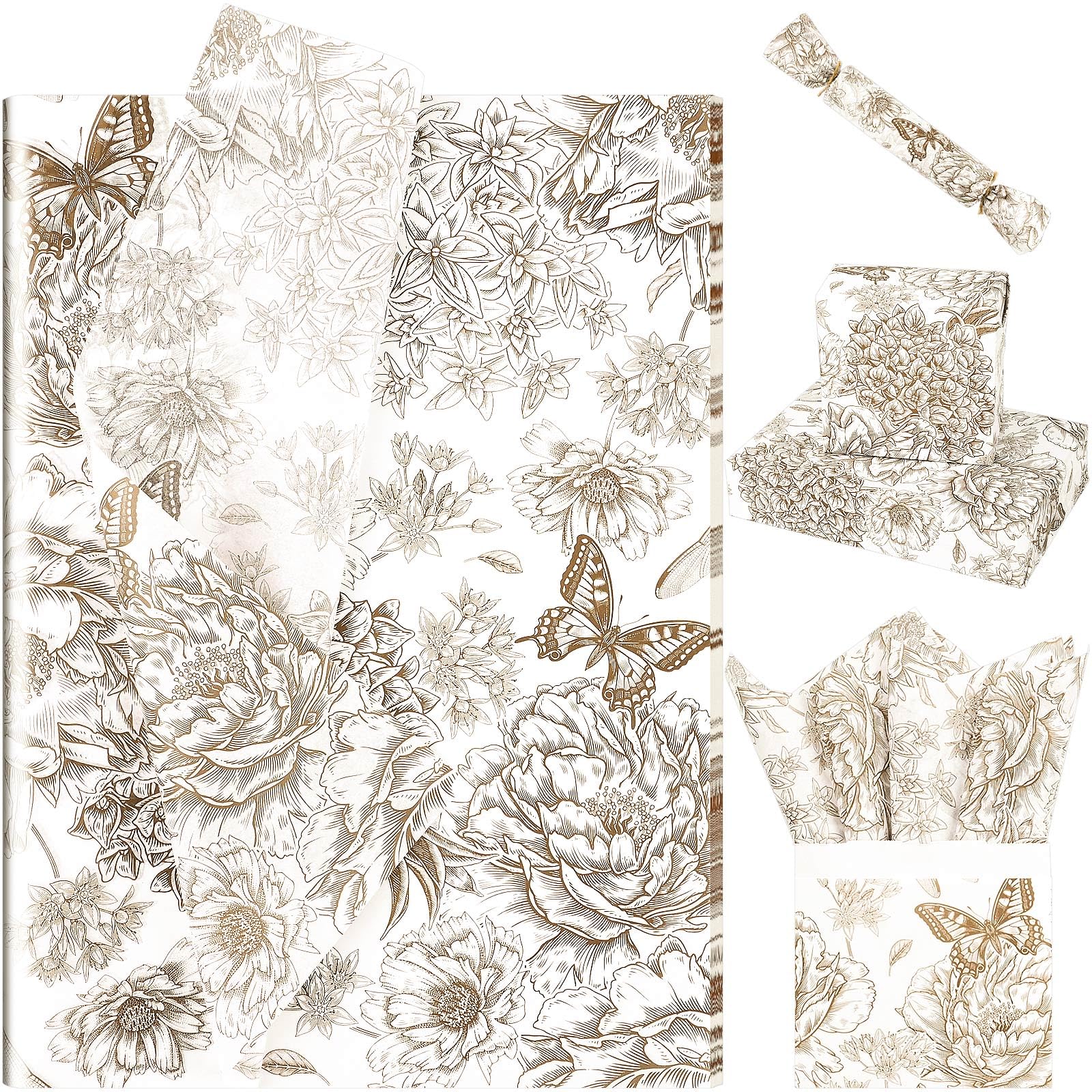Bolsome 100 Sheets 20 * 14 Inches Vintage Floral Tissue Paper Rose Flowers Butterfly Wrapping Tissue Paper Decorative Tissue for Wedding Bridal Shower DIY Craft (Coffee)