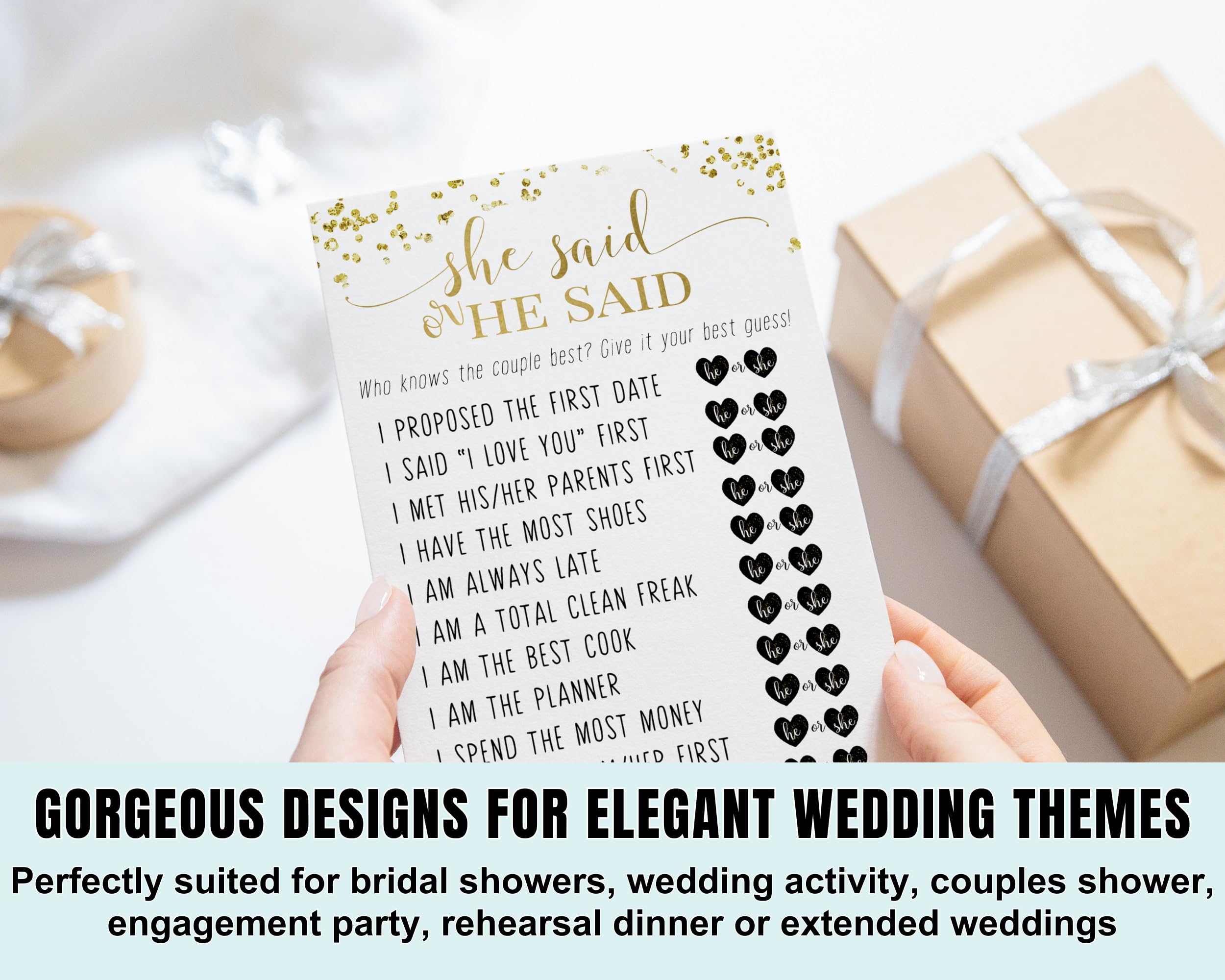 Black and Gold Bridal Shower Game He or She Said β 25 Pack, Couples Wedding Engagement Party Games, Reception Decor and Ideas, Fun Bridal Shower Guest Activities