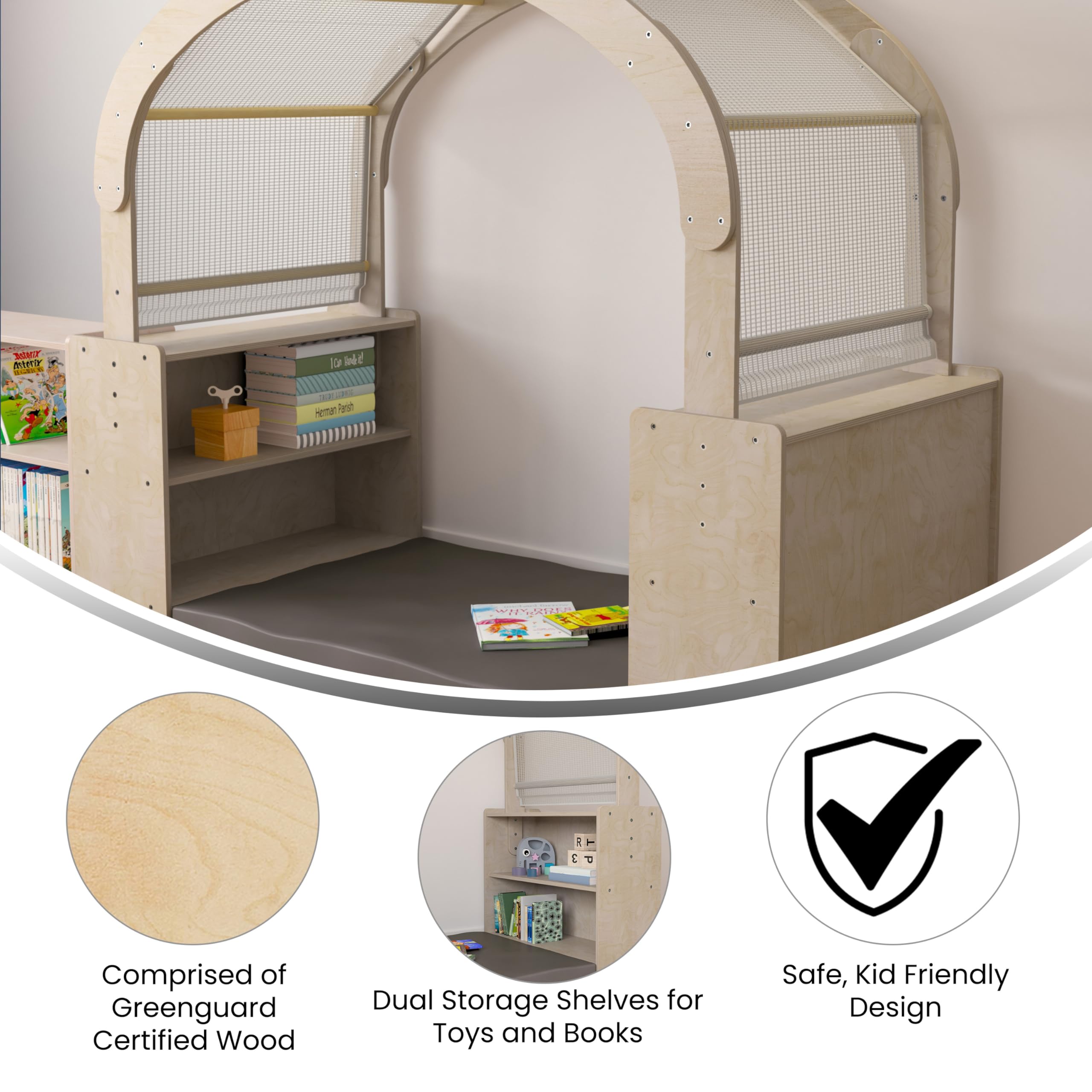 Classroom Essentials Commercial Grade Wooden Quiet Corner Reading Nook with Two Storage Shelf Units and Canopy-Green Guard Certified Wood