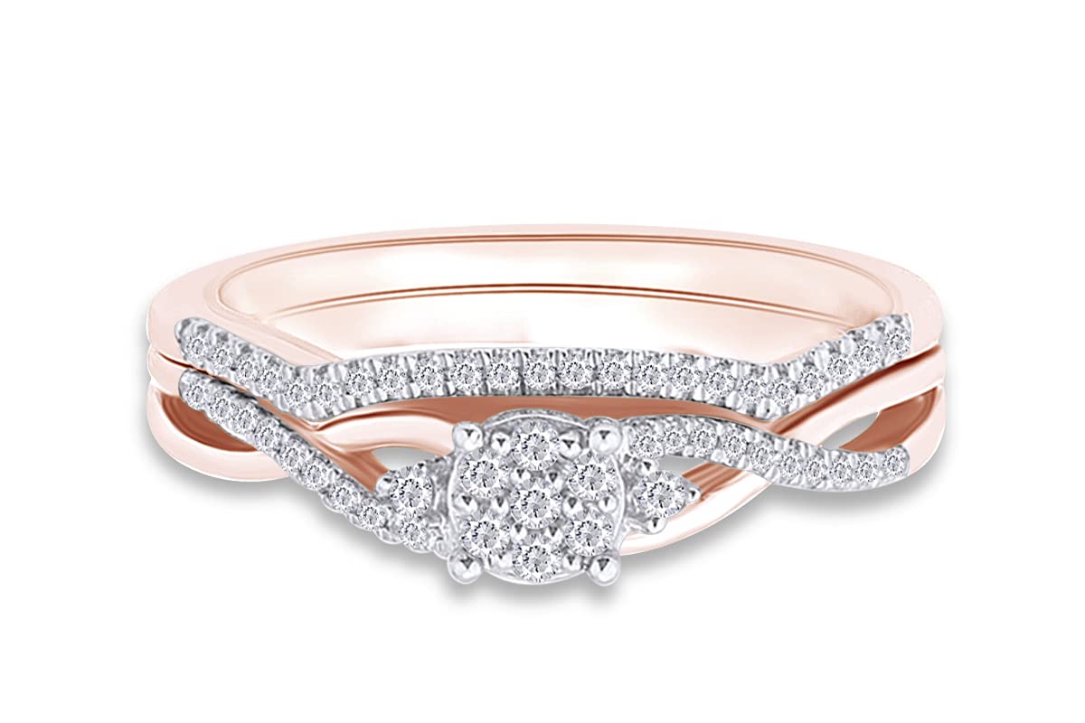 AFFY 1/4 CT. T.W. Round Cut Natural Diamond Twist Bridal Set Wedding Engagement Ring In 14K Rose Gold Over 925 Sterling Silver (I2-I3 Clarity), Ring Size-7
