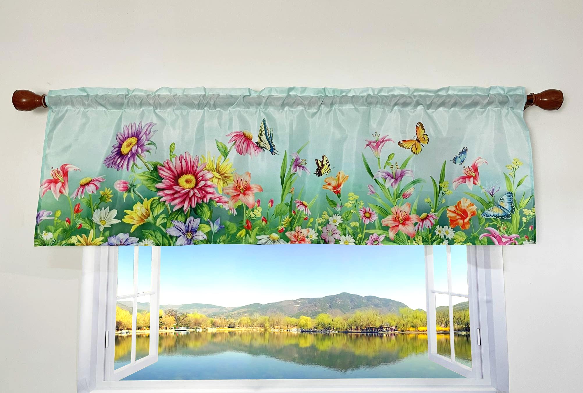 Garden Butterflies Flowers Window Curtain Valance for Spring Summer Everyday Rod Pocket 58 X 18 Inches