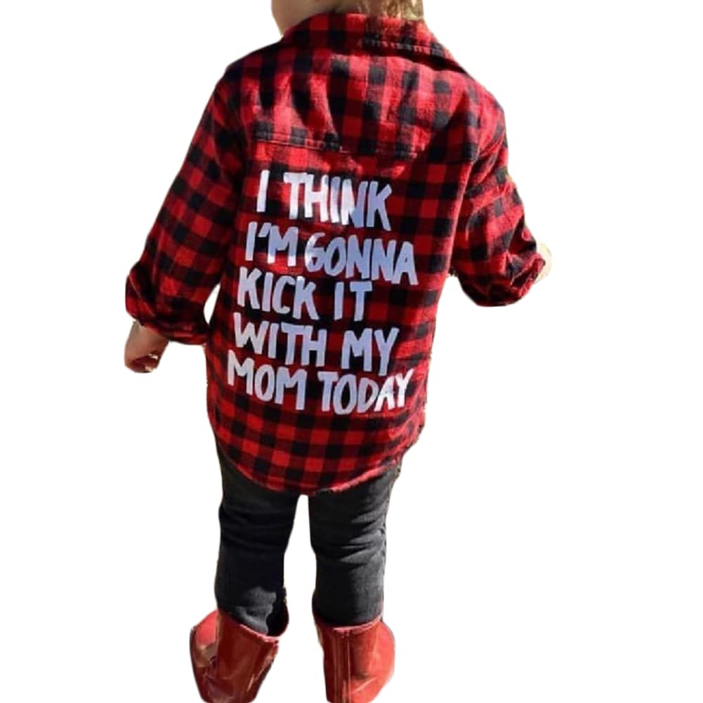 Toddler Baby Boys Girls Flannel Plaid Shirt Long Sleeve Lepel Button Down Back Letters Print Shacket Coat Top (Red Kick It with Mom,1-2 Years)