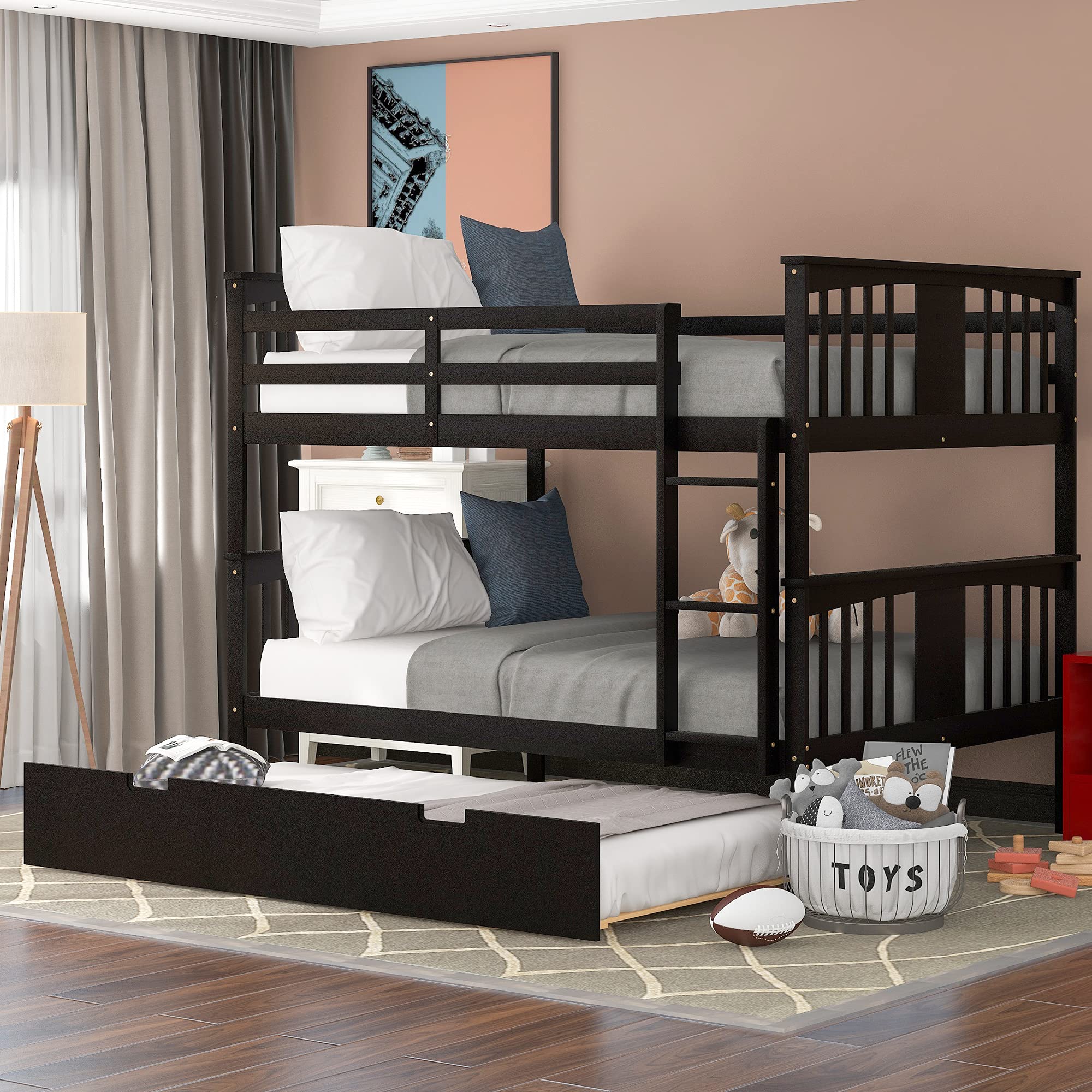 Harper & Bright Designs Full Over Full Bunk Bed with Trundle, Wood Full Size Bed Frame with Ladder and Guard Rail for Teens Bedroom, Guest Room (Espresso)