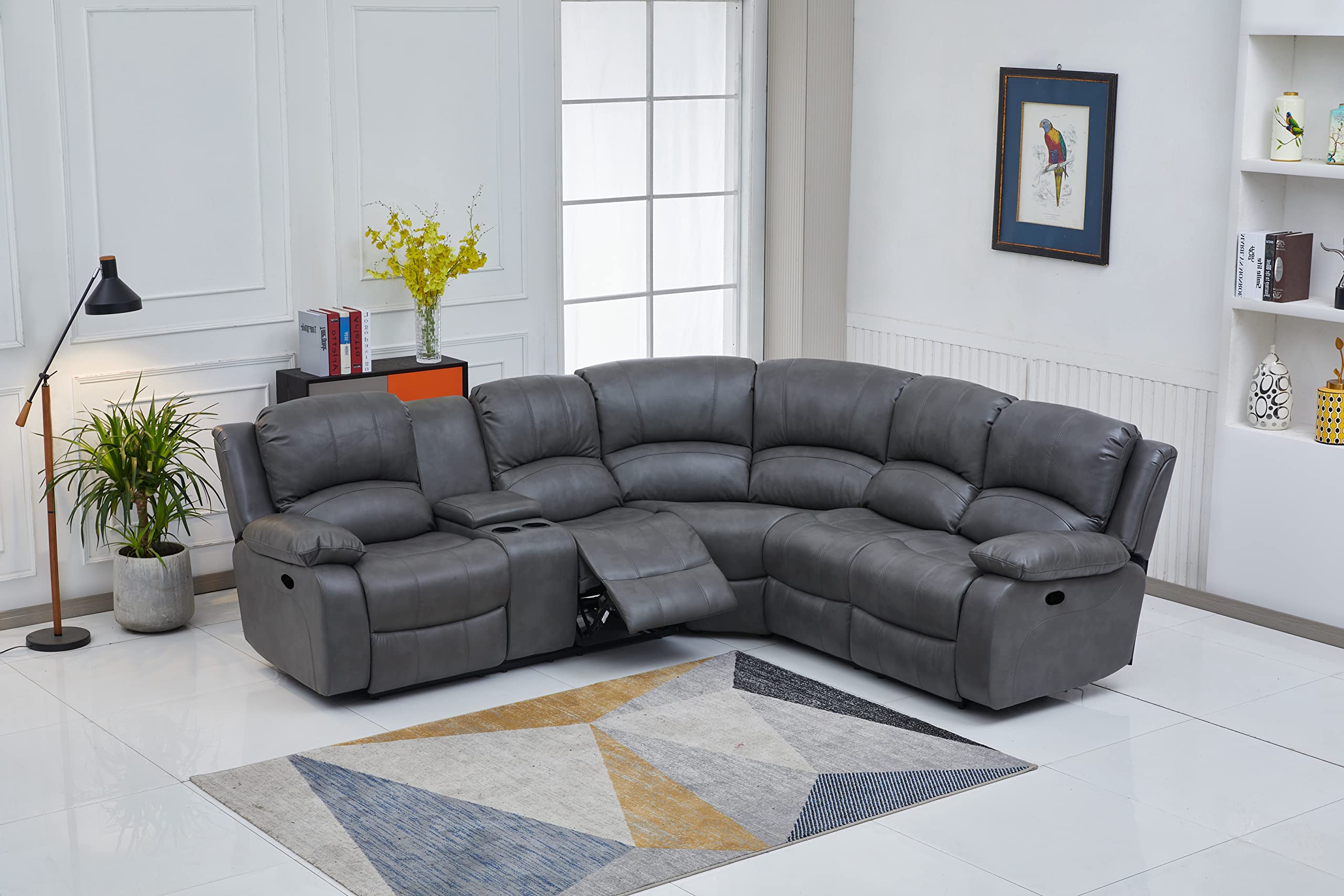 Betsy Furniture Bonded Leather Sectional in Multiple Colors, Sectional with 3 Reclining Seats, Console (Grey, Left Console Sectional)