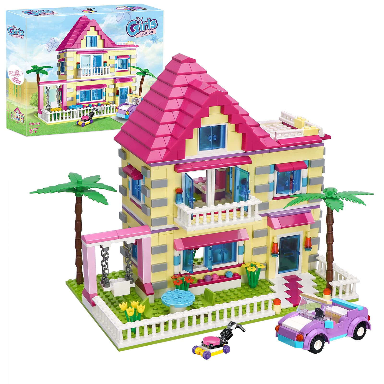 Finebely Dream Girls Friends House Building Set, Villa House Building Blocks Kit Included 4 Mini Toy Figures, a Buildable Car, Swing, for Girls Kids Aged 8 Years and Up, 892 PCS