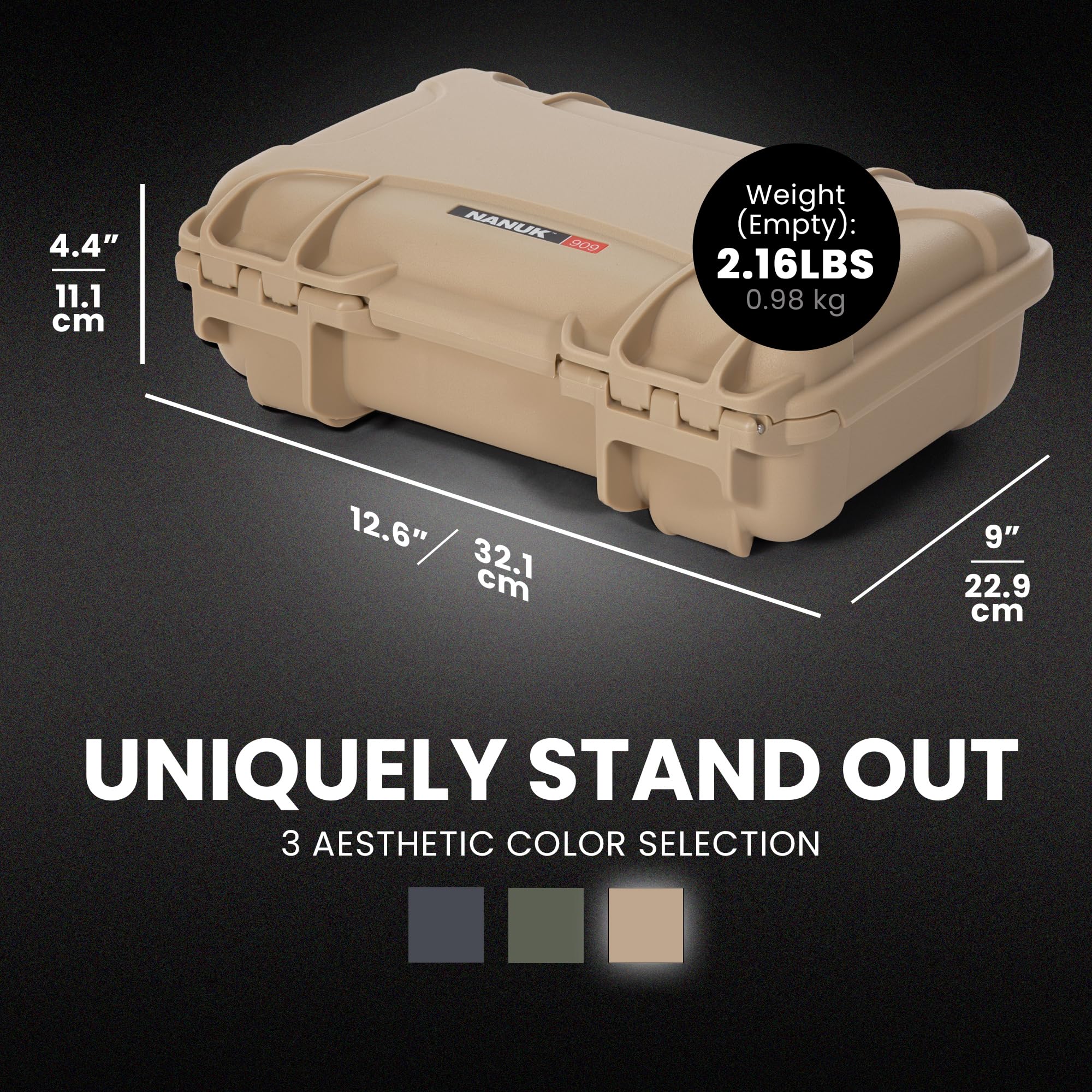 NANUK 909 Hard Case with Customizable Cubed Foam, IP67 Waterproof & Crushproof, Rugged Construction for Ultimate Protection, Made in North America – Tan (12.6” x 9” x 4.4”)