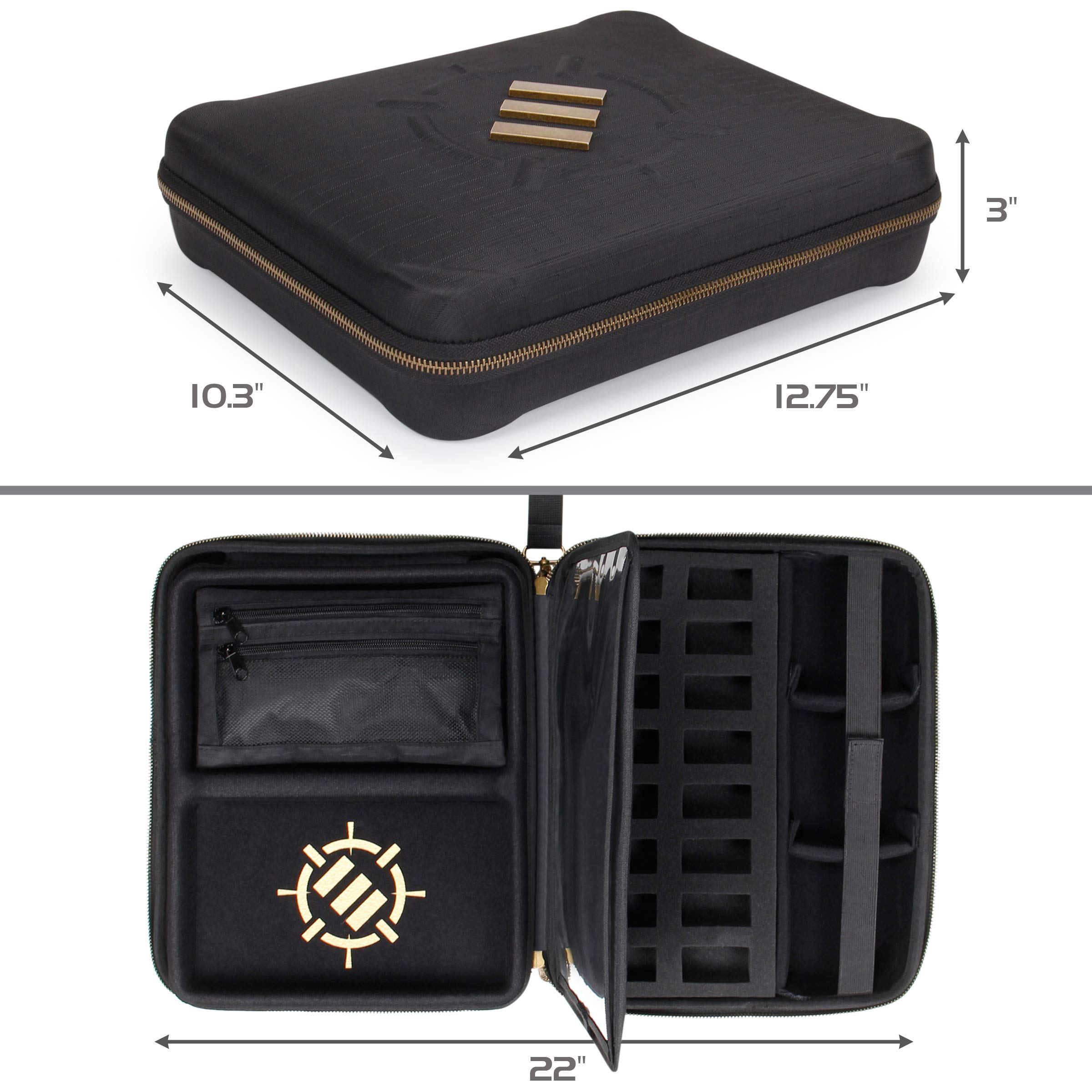 ENHANCE RPG Organizer Case - DND Binder with Built-in Character Sheet Holder and Erasable Scribe Panel, Dice Rolling Area, Removable Pen Pouch, Miniature Foam Tray, Wrist Strap, and More (Black)