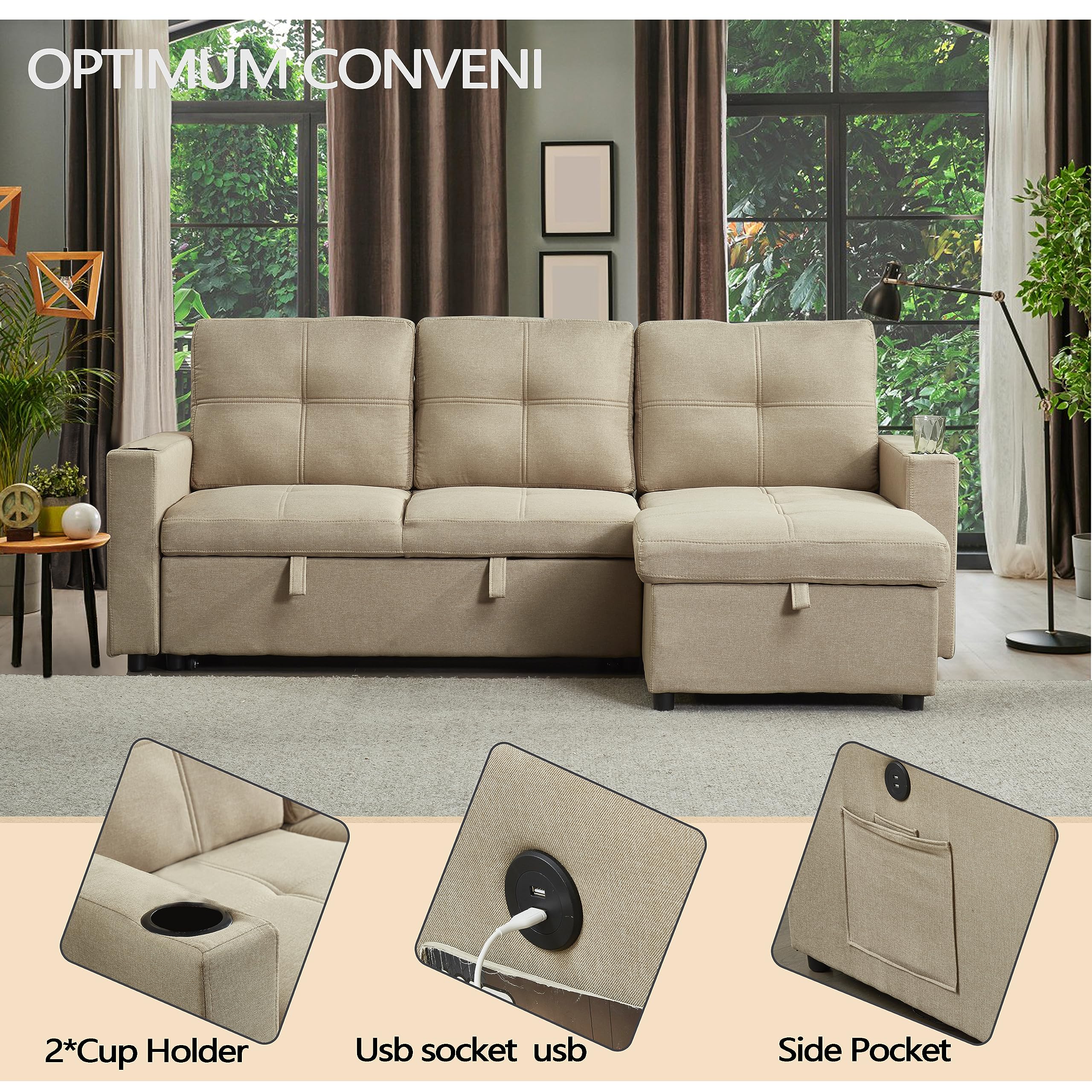 Bonrcea Pull Out Sleeper Sofa,L-Shaped Reversible Sleeper Sectional Sofa Bed with Storage Chaise for Living Room (Light.Brown)