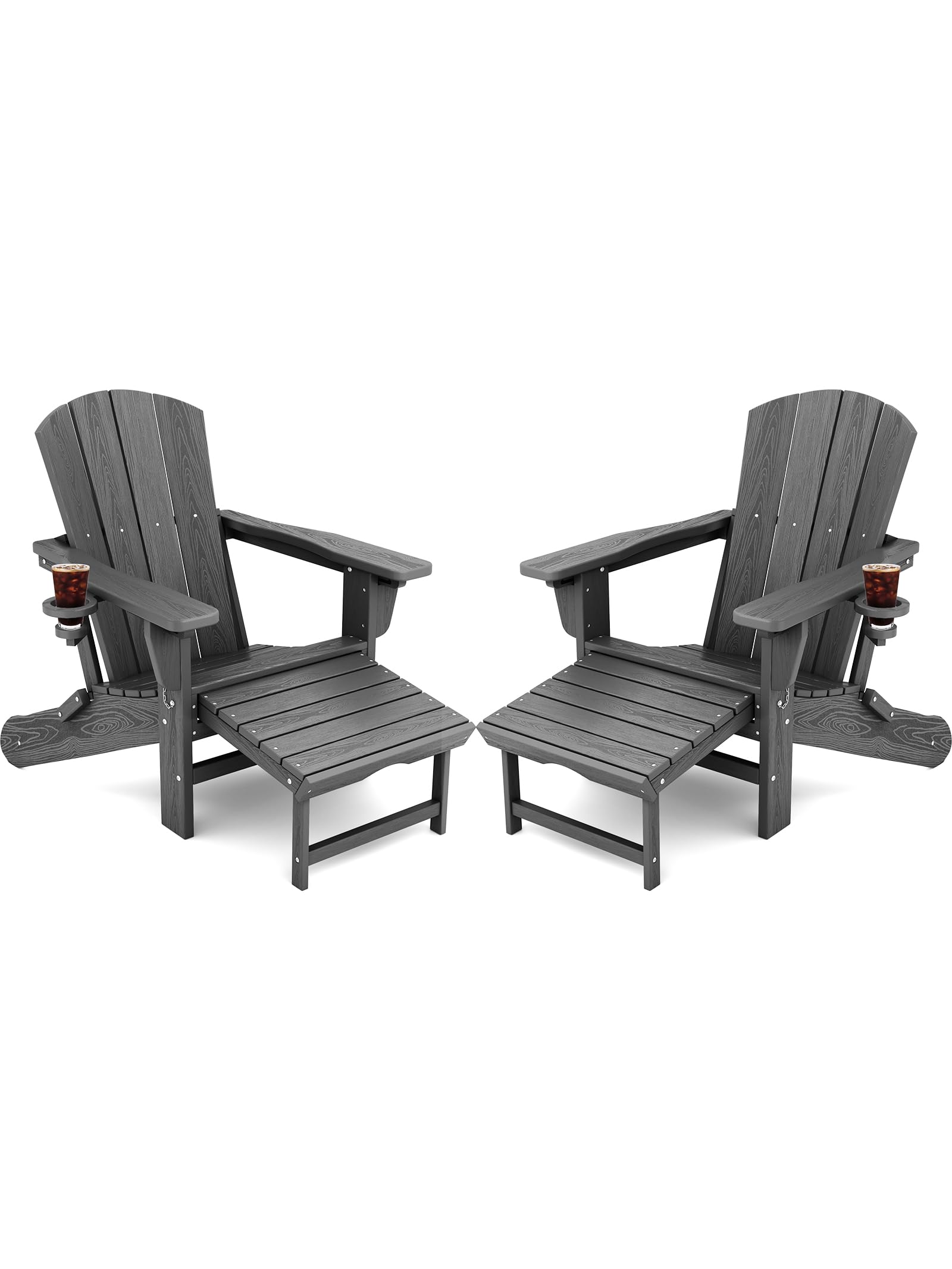 KINGYES Folding Adjustable Adirondack Chair with Retractable Ottoman Set of 2, HDPE All Weather Chair with Cup Holder, Wood-Like Reclining Adirondack Chair - Versatile Adirondack Chair, Grey