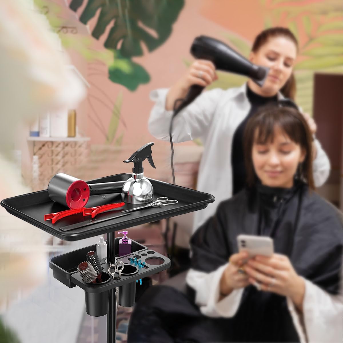 Aratan Salon Tray on Wheels, Instrument Tattoo Tray, Height Adjustable Rolling Storage Tray for Hairstylist Clinic Spa, Black