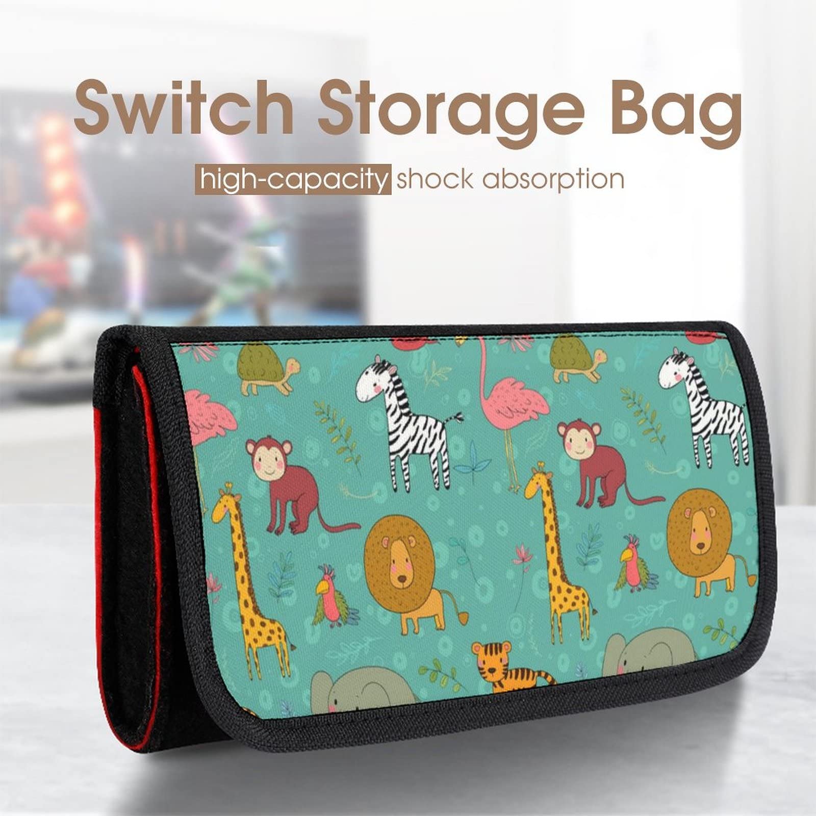 Africa Animals Pattern Carrying Bag Compatible with Switch Protective Case Slim Felt Pouch with 5 Game Cartridges Holders